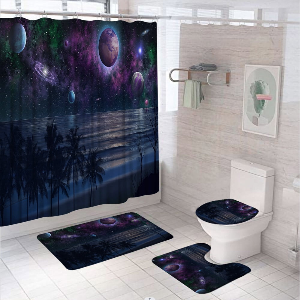 Outer Space Planet Shower Curtain Set Starry Sky Universe Bathroom ...