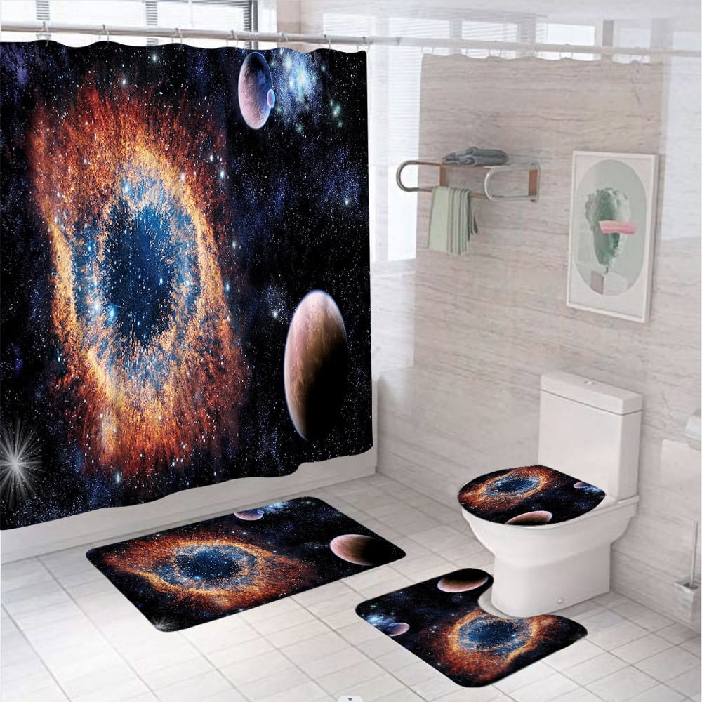 Outer Space Planet Shower Curtain Set Starry Sky Universe Bathroom ...