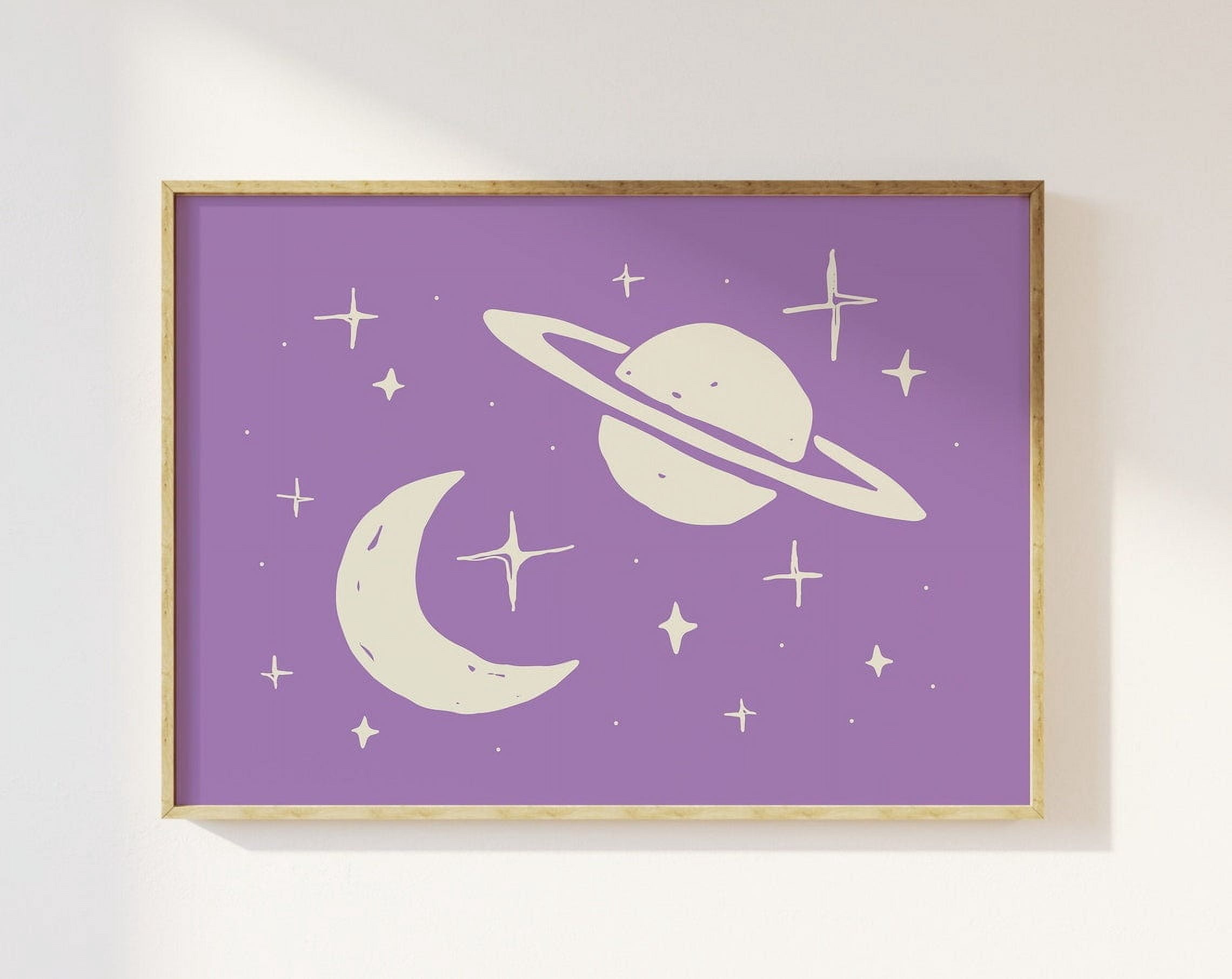 Outer Space Print, Art, Cute Stars And Planets Art Print, Purple Wall ...