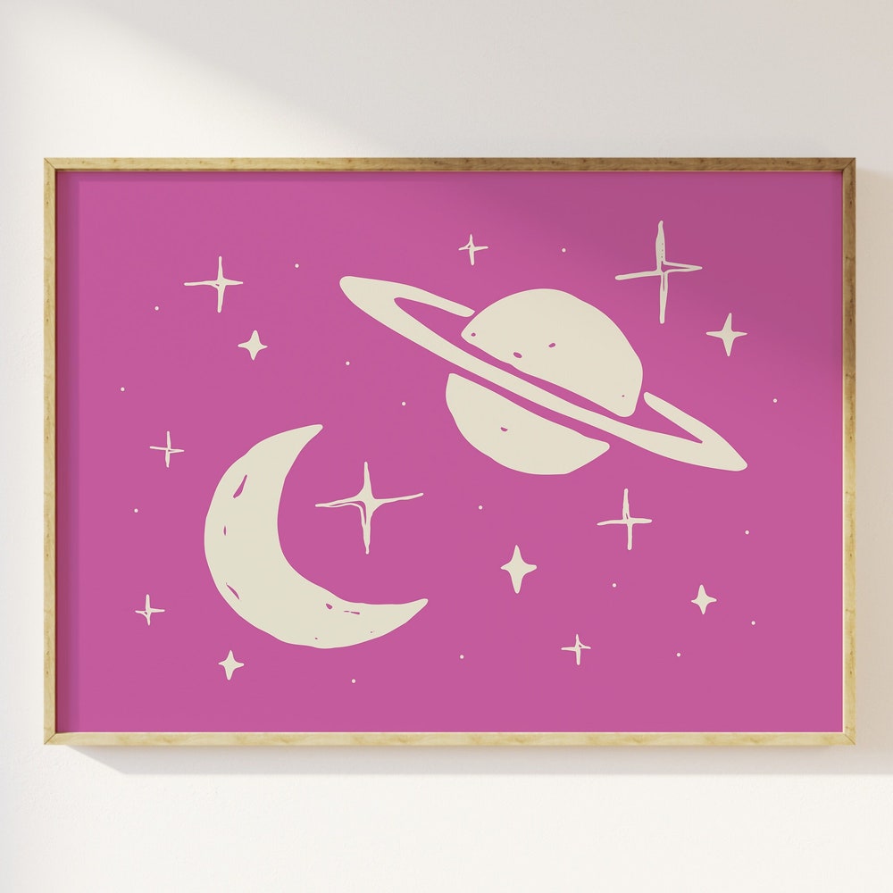 Outer Space Print, Cute Stars And Planets Art Print, Pink Wall Art ...