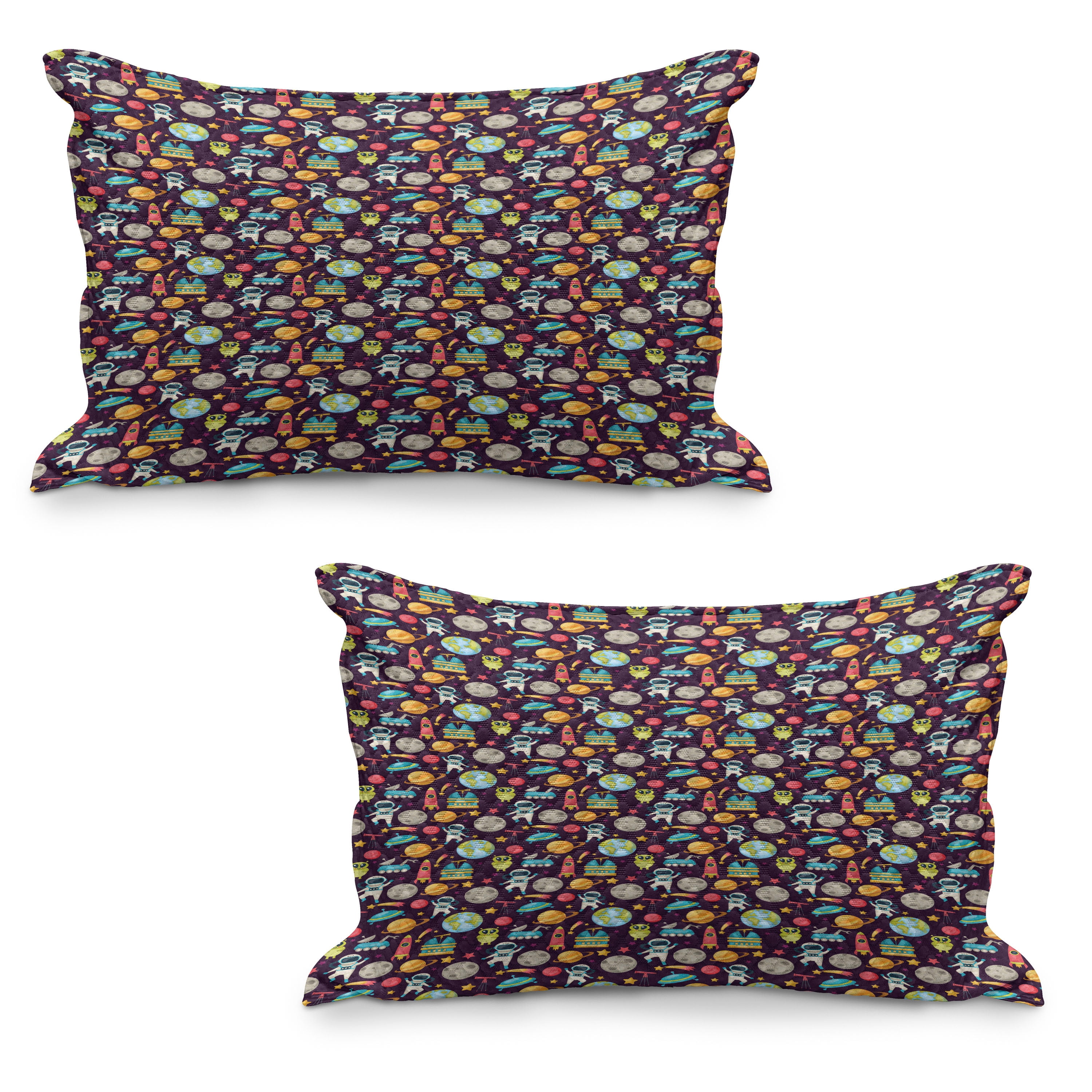 Outer Space Quilted Pillowcover Set of 2, Galaxy Party Pattern Ufo ...