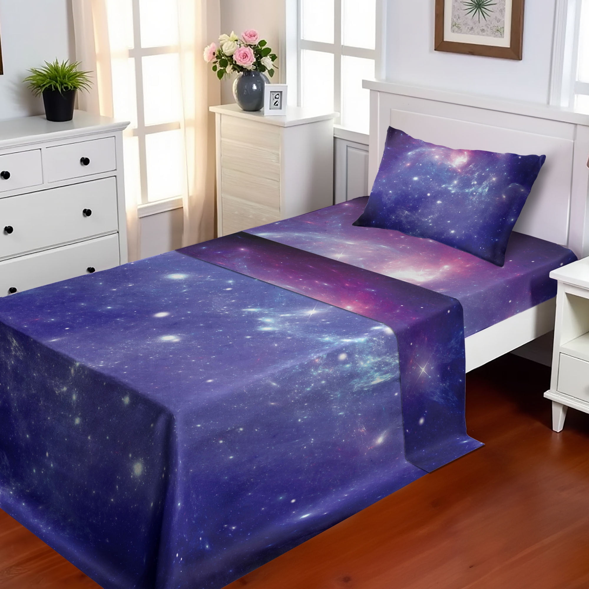 Ambesonne Nebula Fitted & Top Sheet Set with Sham, Milky Way Galaxy ...