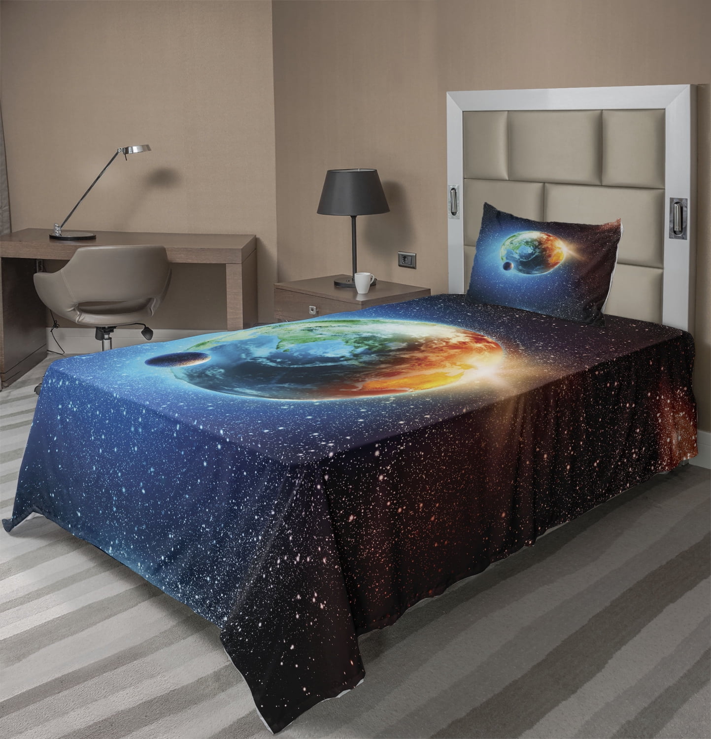 Outer Space Sheet Set, Planet Earth in Sun Rays Elements Astronomy ...