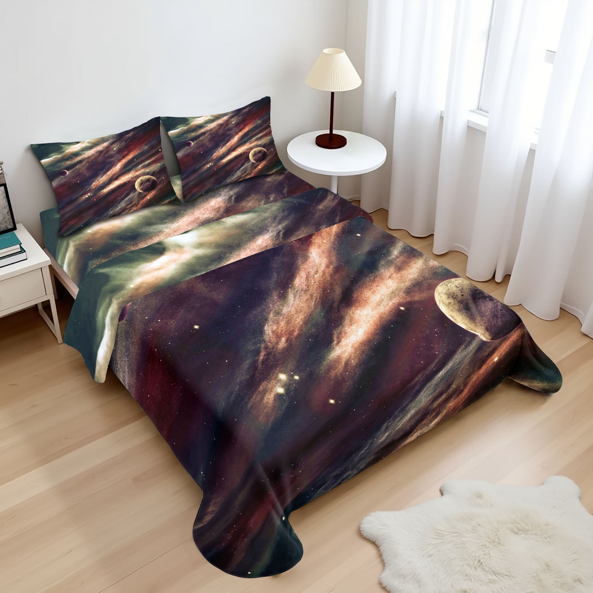 Outer Space Sheet Set, Planets over Nebula Gas Cloud Space Galaxy Star Illustration, Fitted and ...