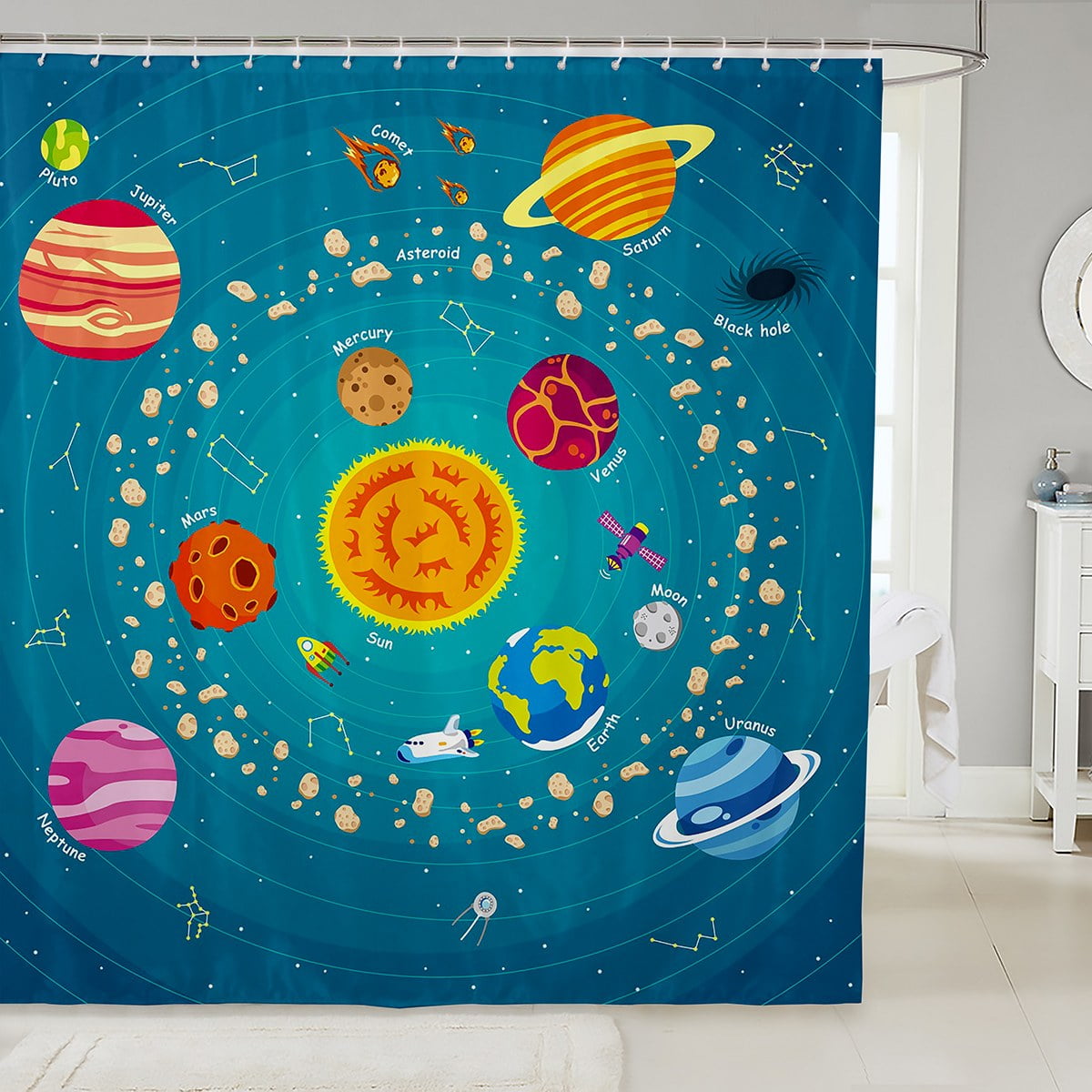 Outer Space Shower Curtain 72"Wx72"L Cartoon Galaxy Bathroom Shower ...