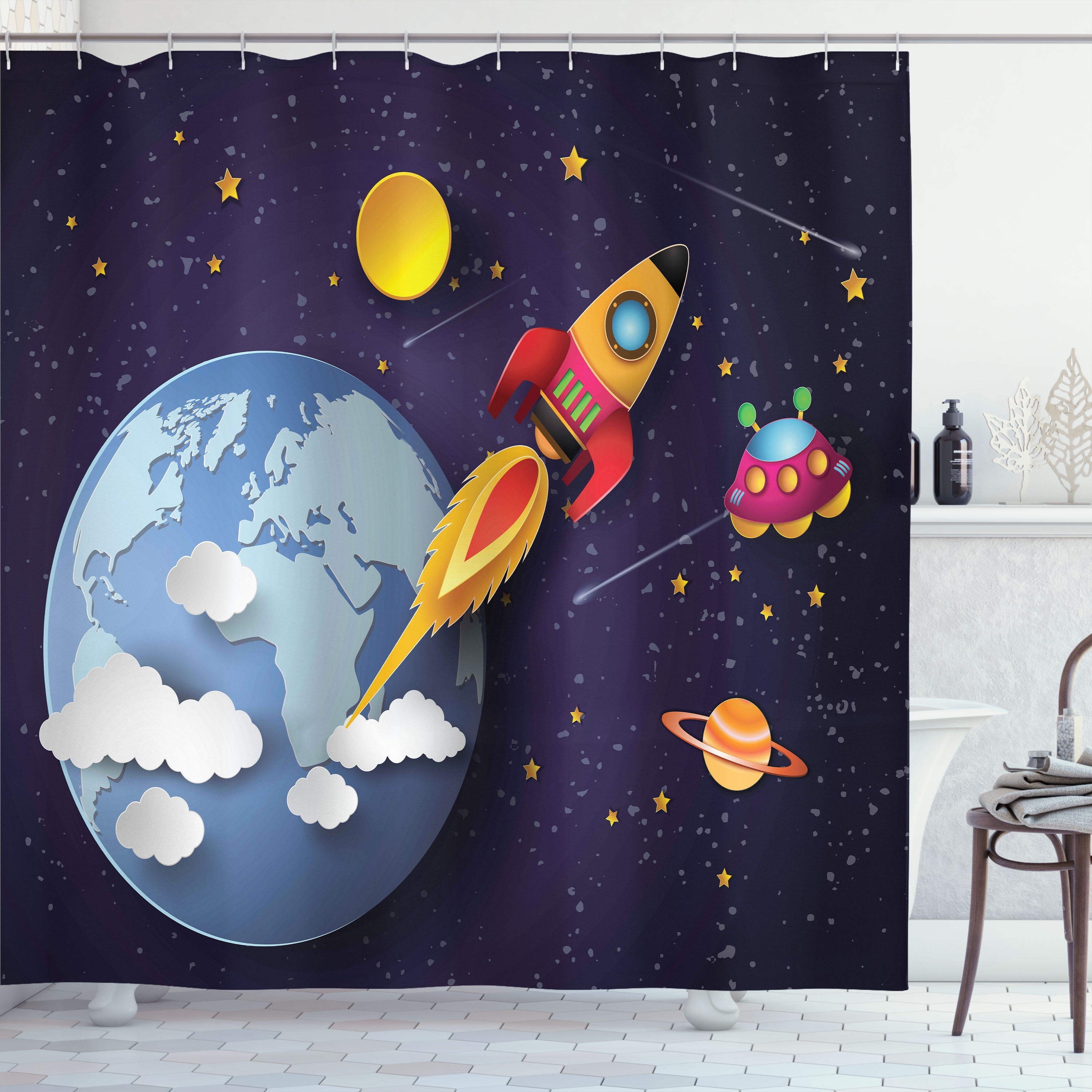 Outer Space Shower Curtain, Rocket on Planetary System with Earth Stars ...