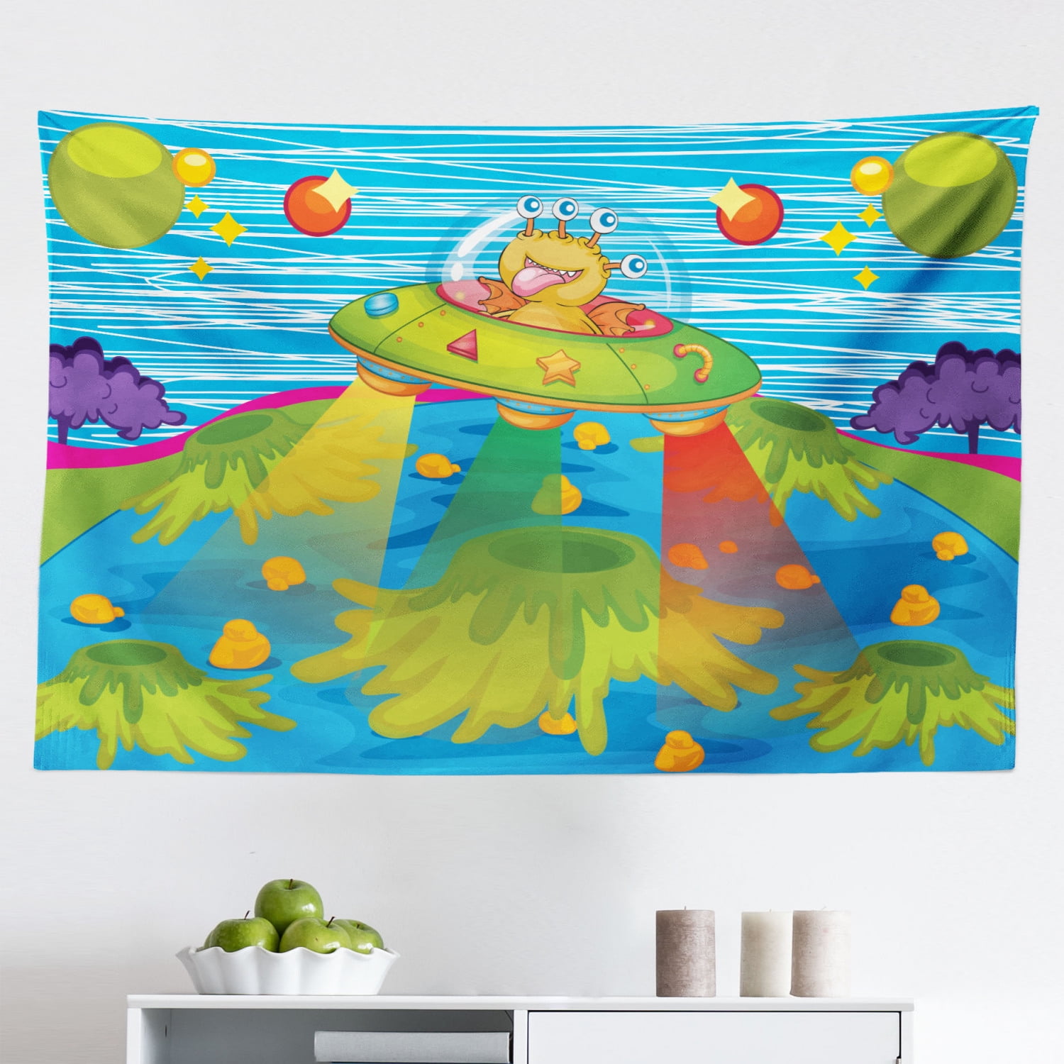 Outer Space Tapestry, Alien Attacks Terrified Uniform Woman Human ...