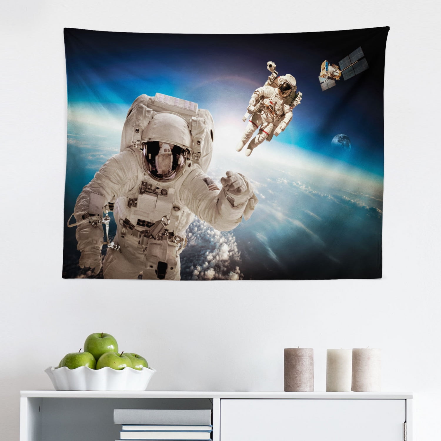 Outer Space Tapestry, Moon US Spaceman Launching on The Exploring Dark ...