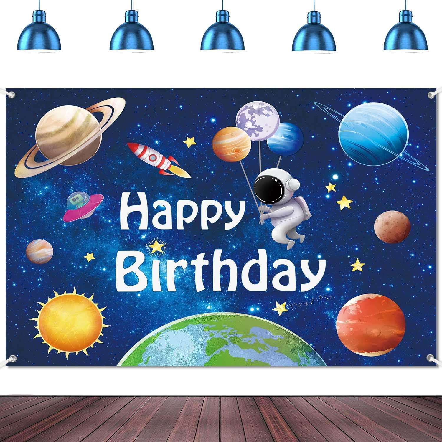 Outer Space Theme Happy Birthday Backdrop Banner Astronaut Planets ...