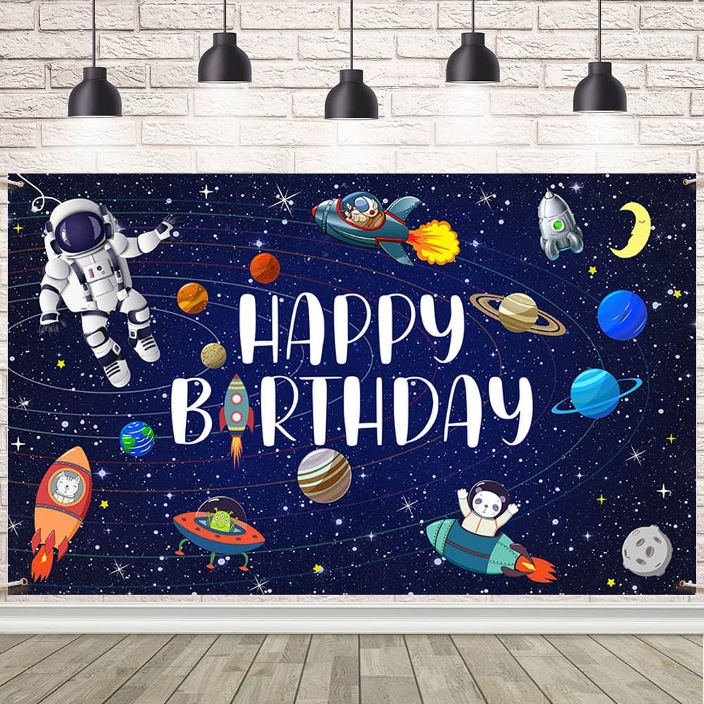 Outer Space Theme Happy Birthday Pretty Backdrop Banner Astronaut ...