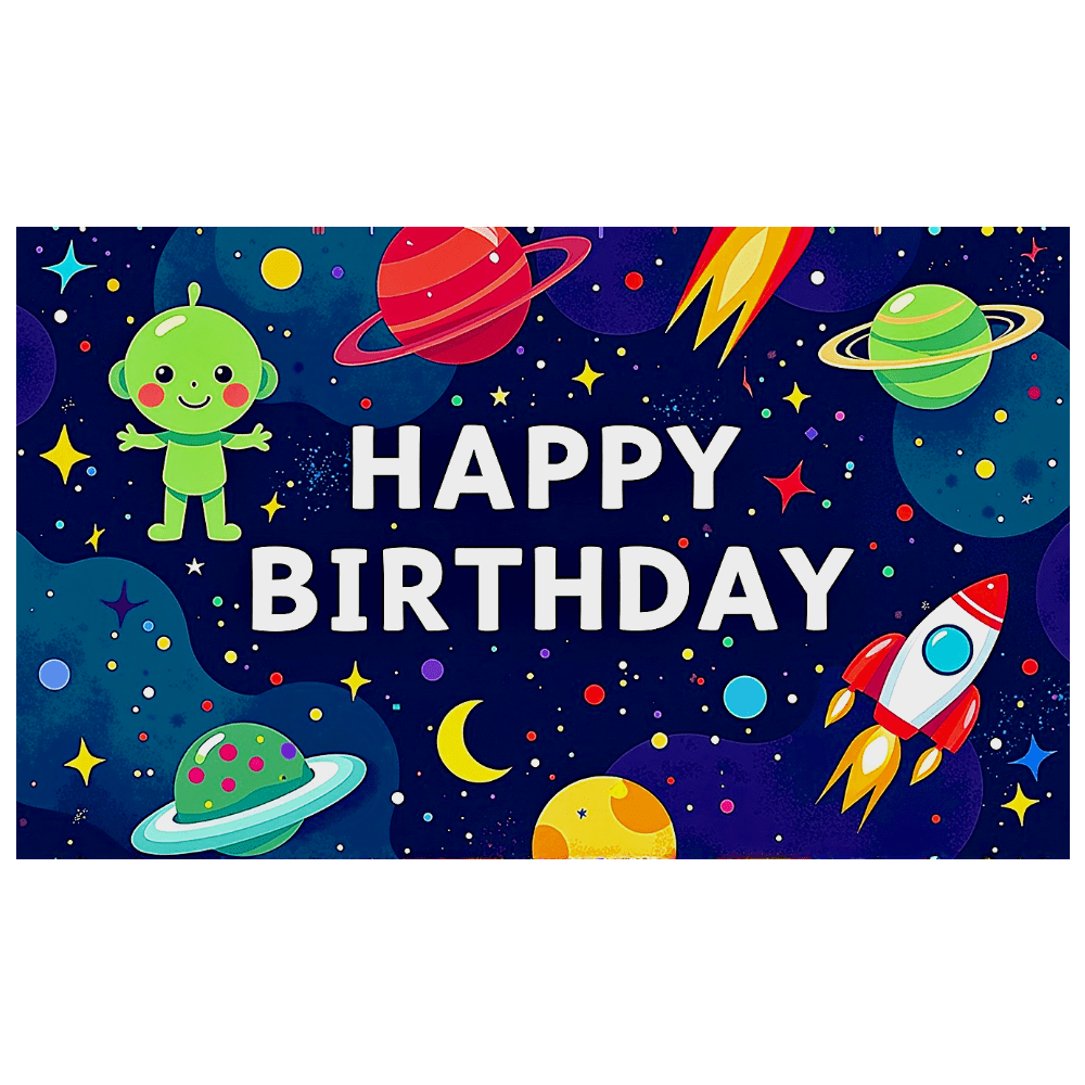 Outer Space Themed Happy Birthday Banner with Adorable Alien Rockets ...
