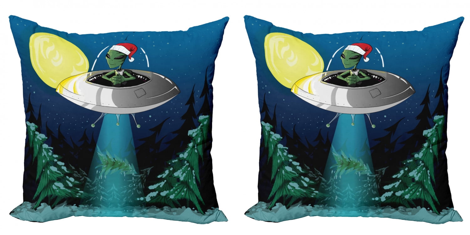 Ambesonne Cartoon Throw Pillow Cover 2 Pack, Alien Christmas Art, 16 ...