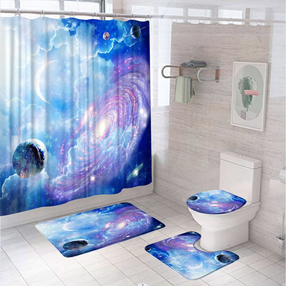 Outer Space Universe Planet Galaxy Fabric Shower Curtain Set Blue ...