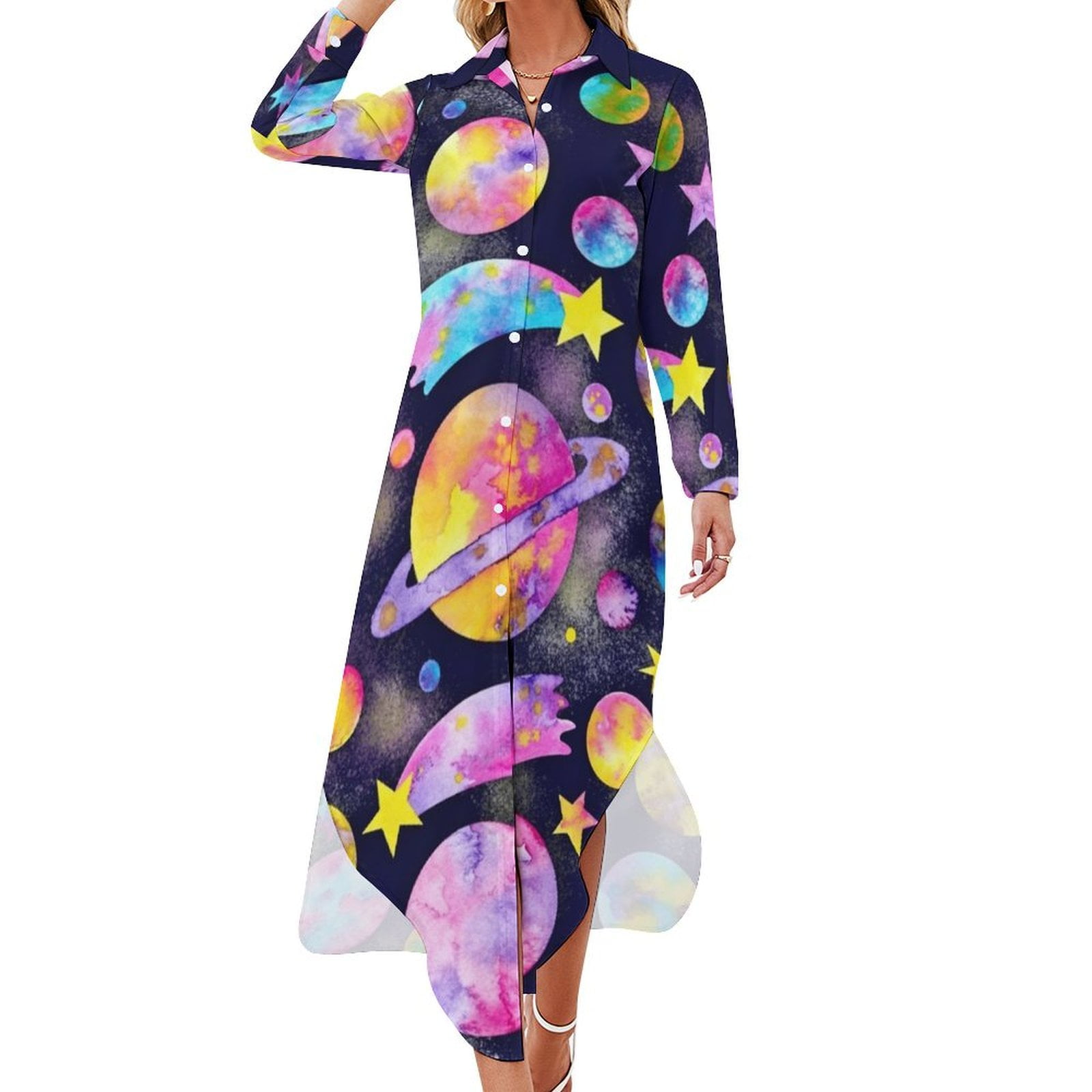 Outer Space Watercolour Planets All Over Pattern Long Sleeved Shirt ...