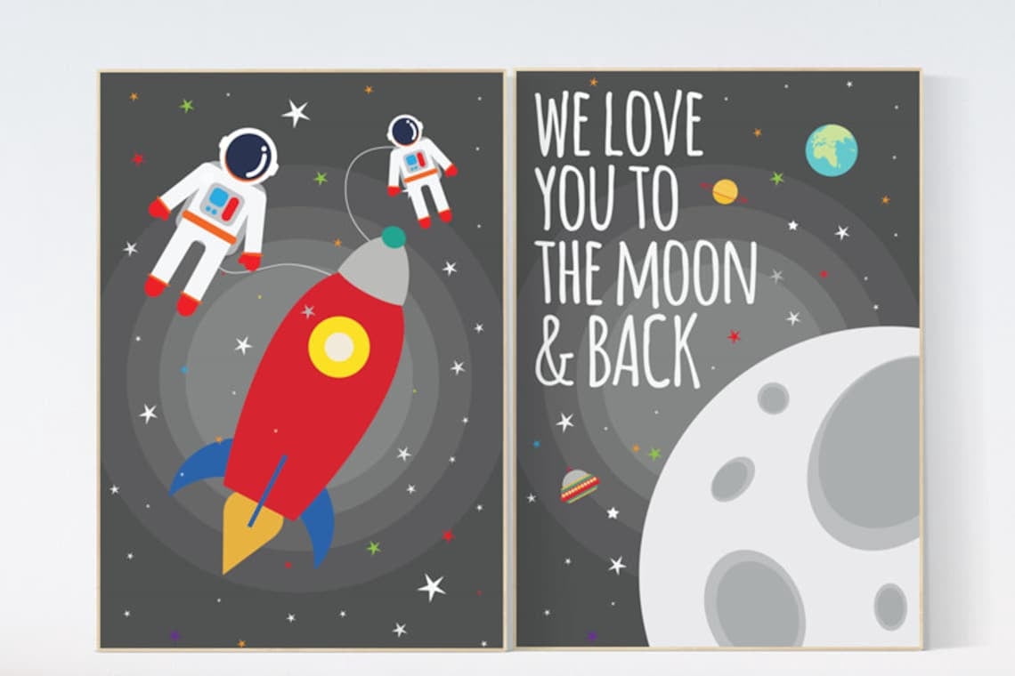 Outer Space We Love You To The Moon Nursery Wall Art Set 2 Unframed ...