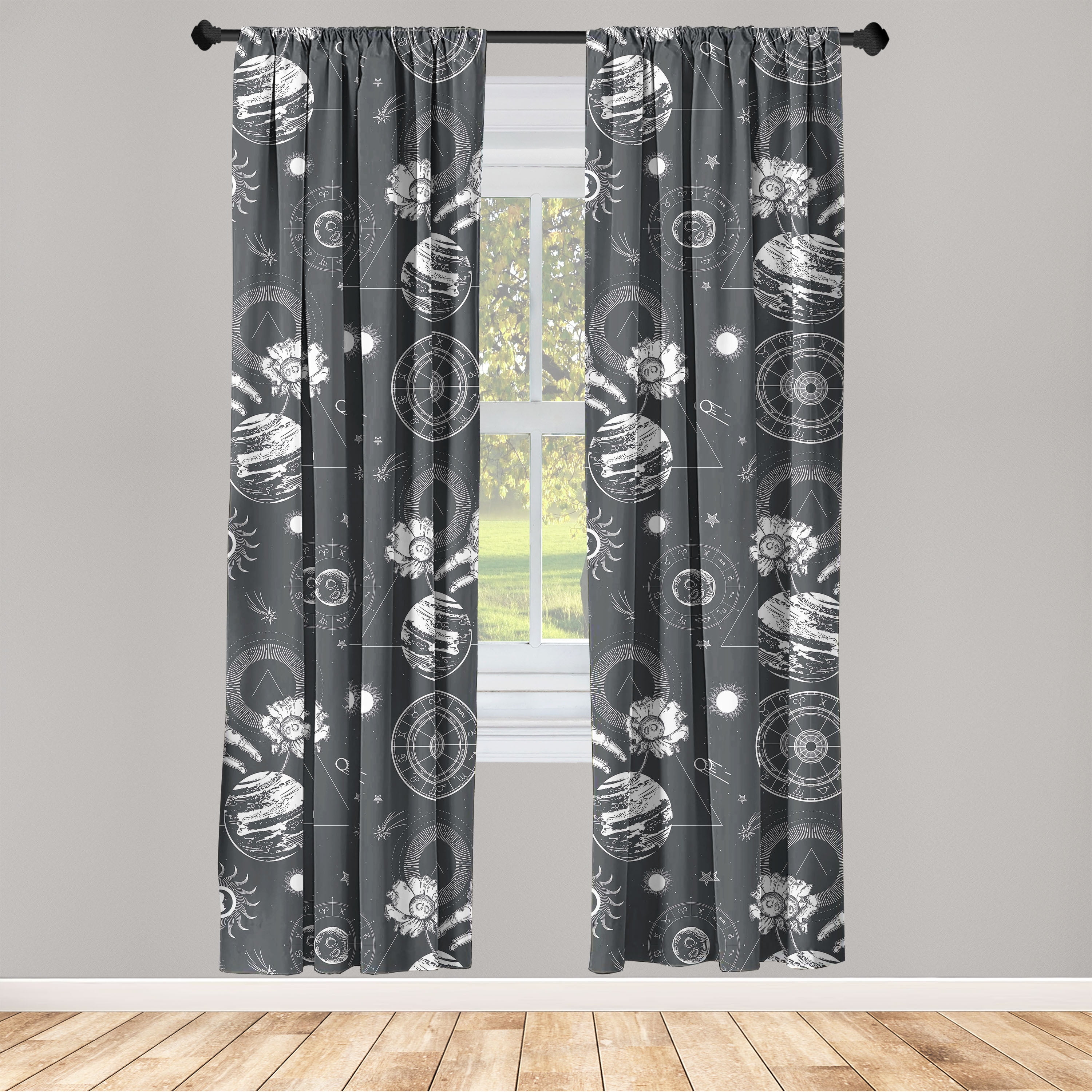 Outer Space Window Curtains, Space Vibe Planet Sketch With Astronaut ...