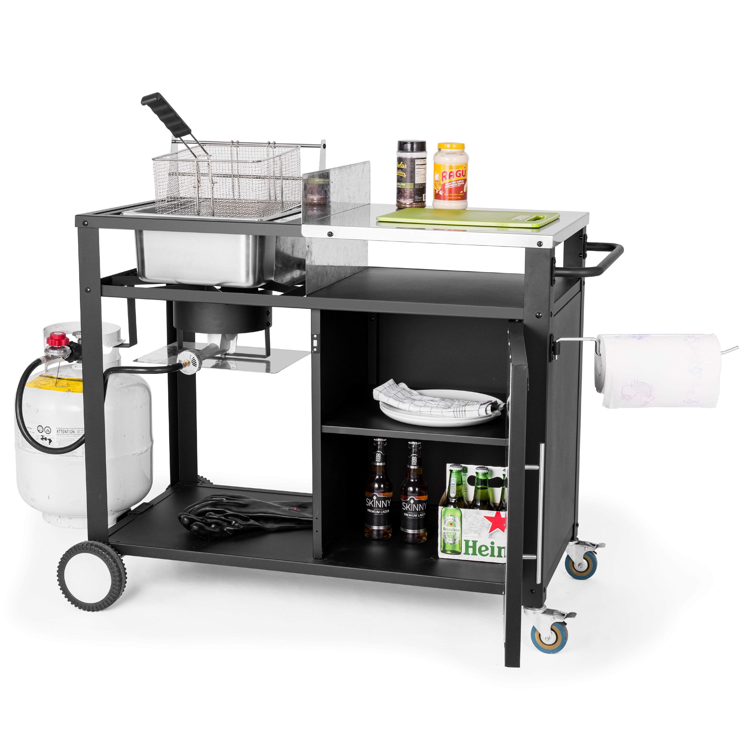 OuterMust Outdoor Grill Cart with Deep Fryer and Cabinet, Movable Outdoor Fish Fryer with 304 ...