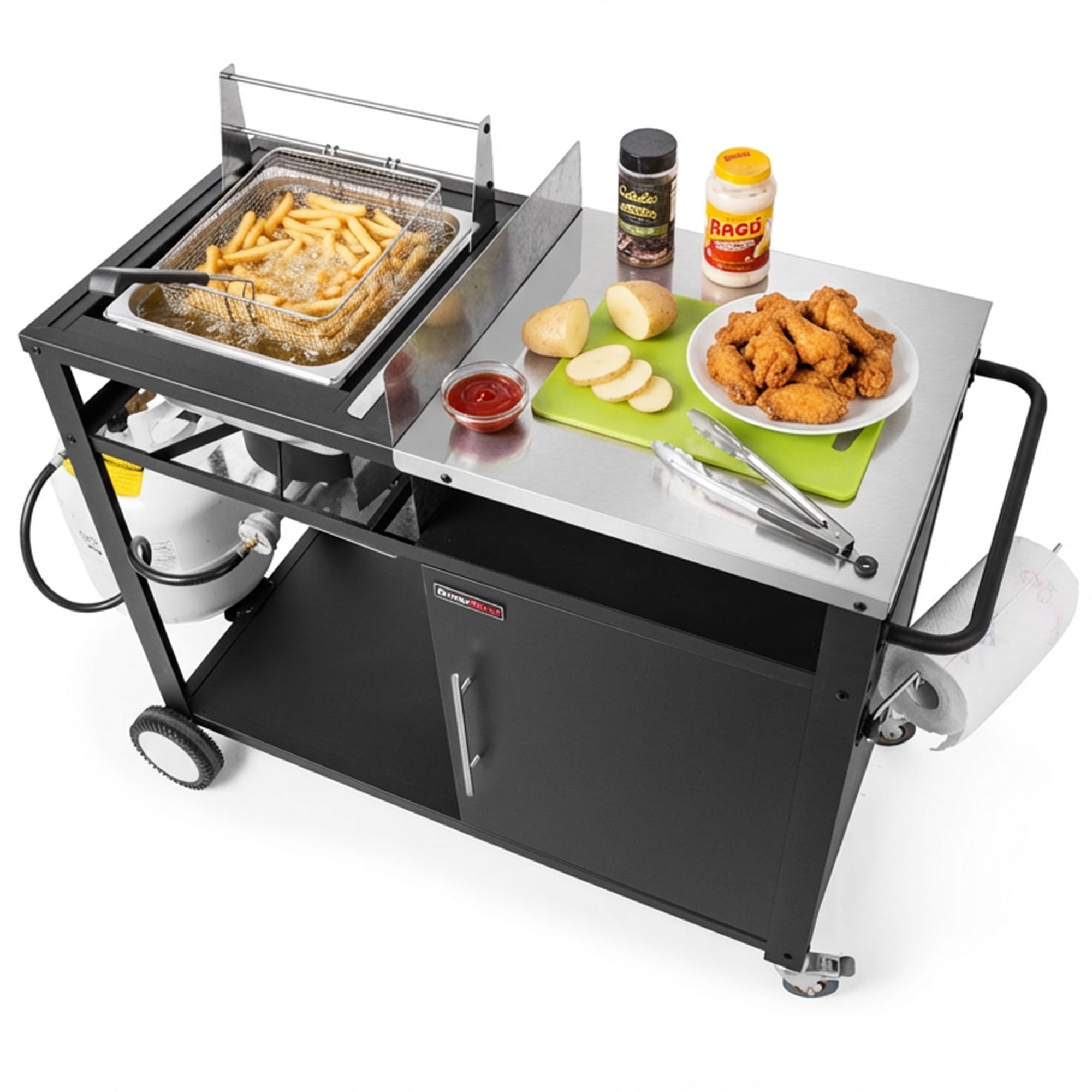 OuterMust Outdoor Grill Cart with Deep Fryer and Cabinet, Movable ...