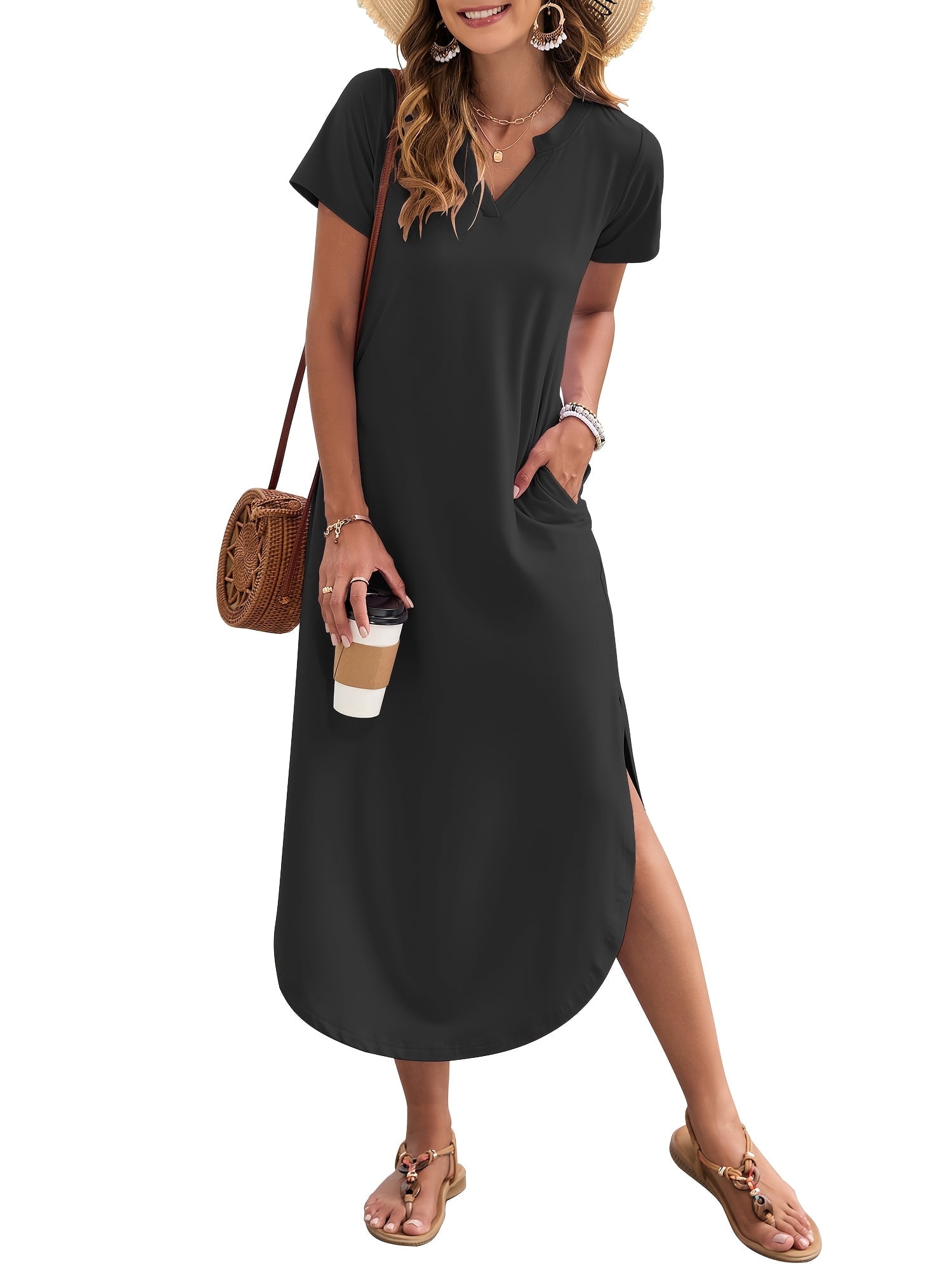 OutfitShow Women Maxi Dress with Pockets Casual Short Sleeve V-Neck ...