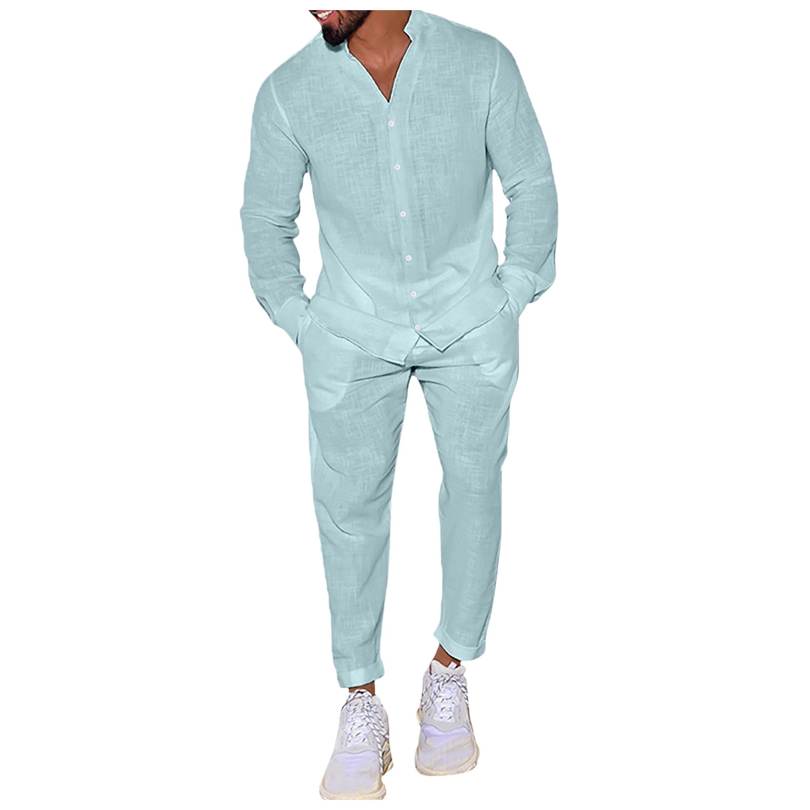 Outfits for Men Men's Linen Shirt Sets Outfits 2 Shirts Long Sleeve ...