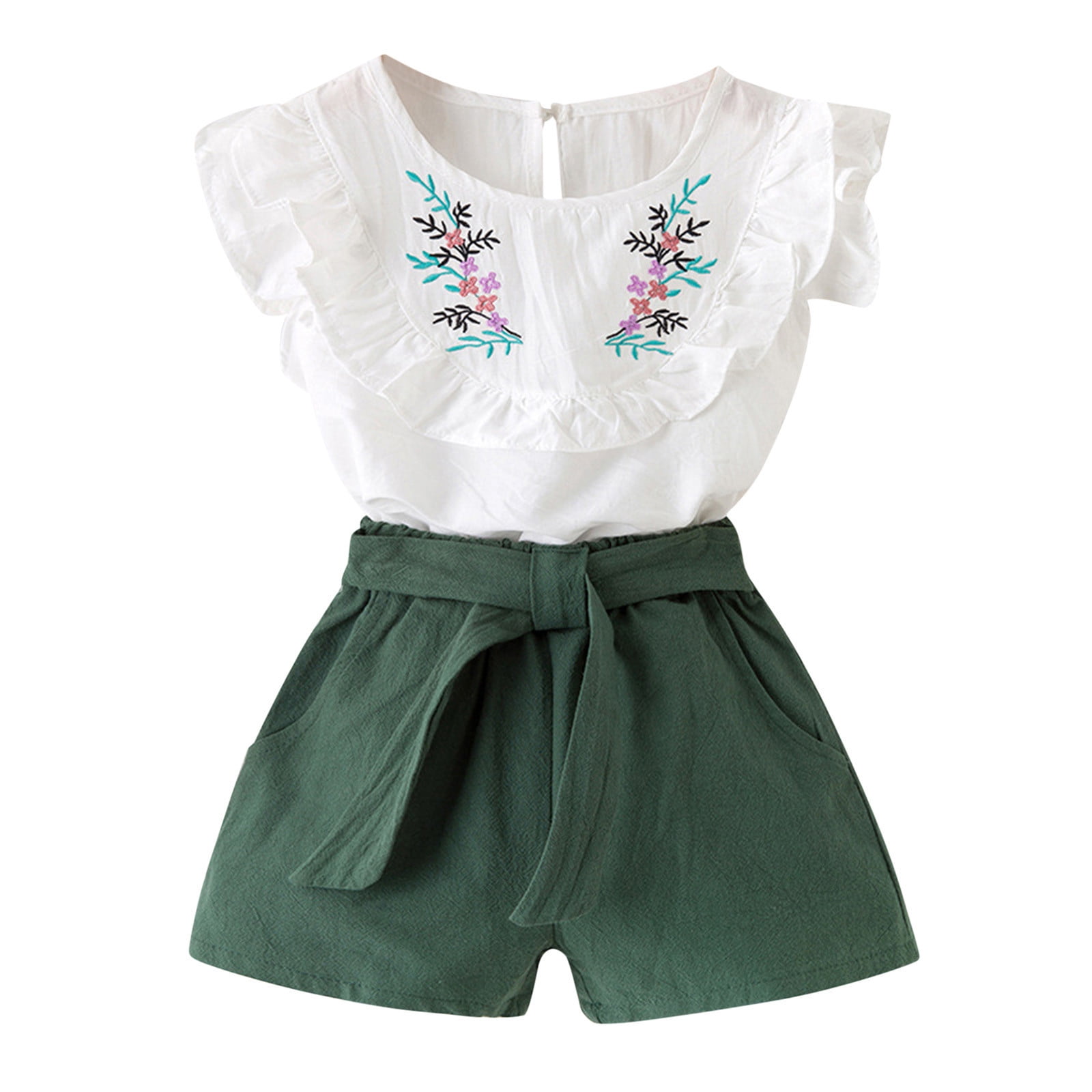 Outfits Set For Girls Floral Two Pieces Tops Shorts Ruffle Embroidery T ...