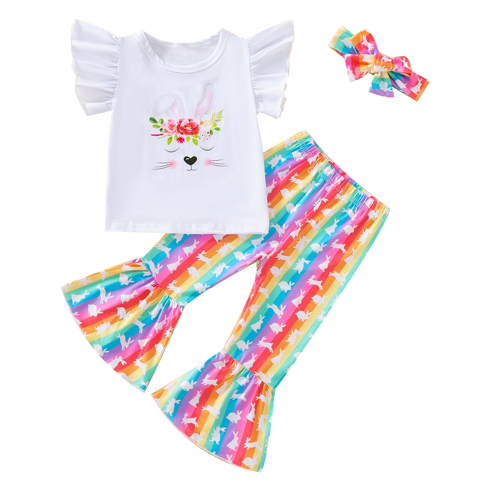 Outfits for Girls Easter Print Autumn Short Ruffle Sleeve Tops Bunny ...