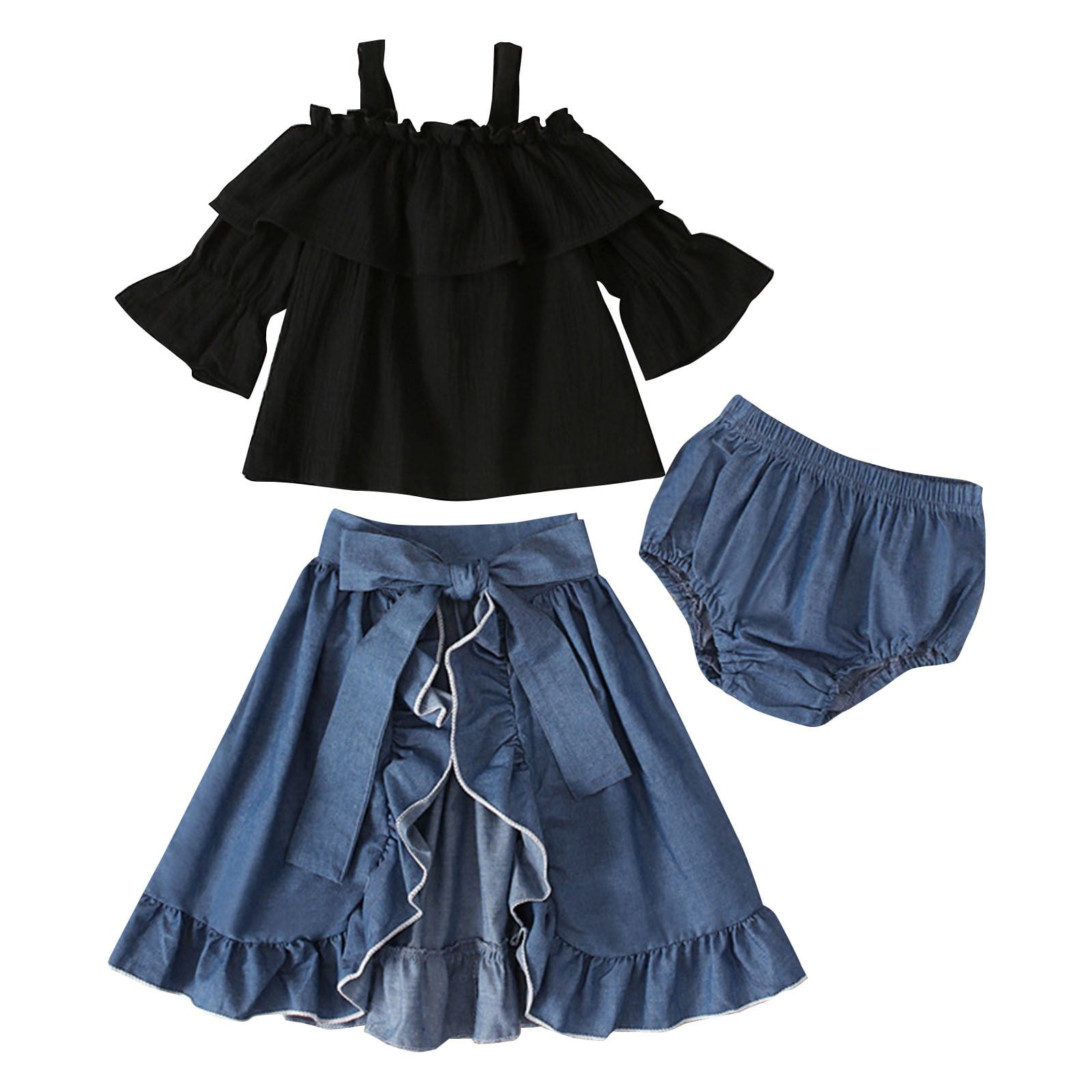 Outfits for Girls Three Piece Summer Black Half Sleeved off Shoulder ...