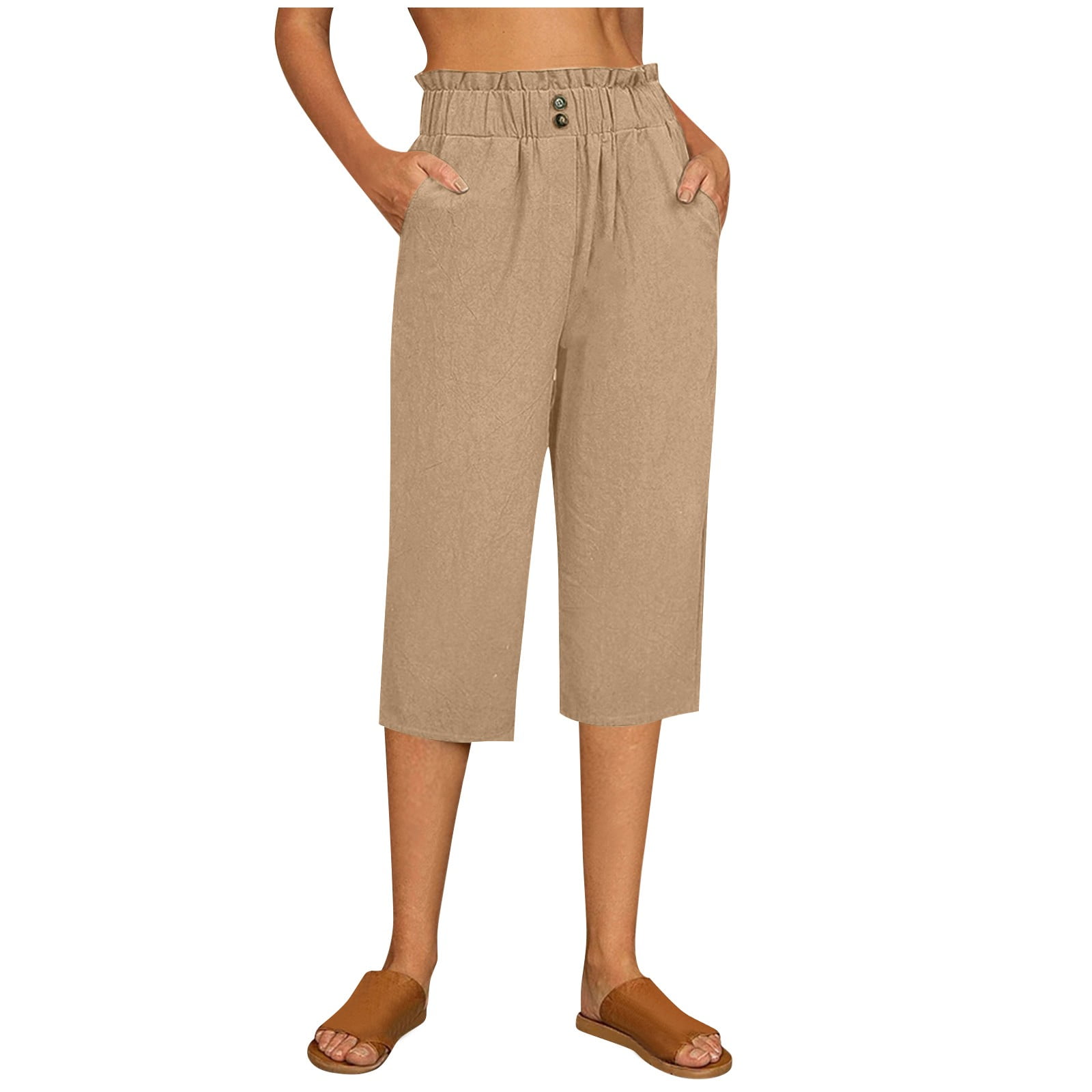 Outfmvch Capri Pants for Women Cotton Linen Pants Capri Pants with Lace ...