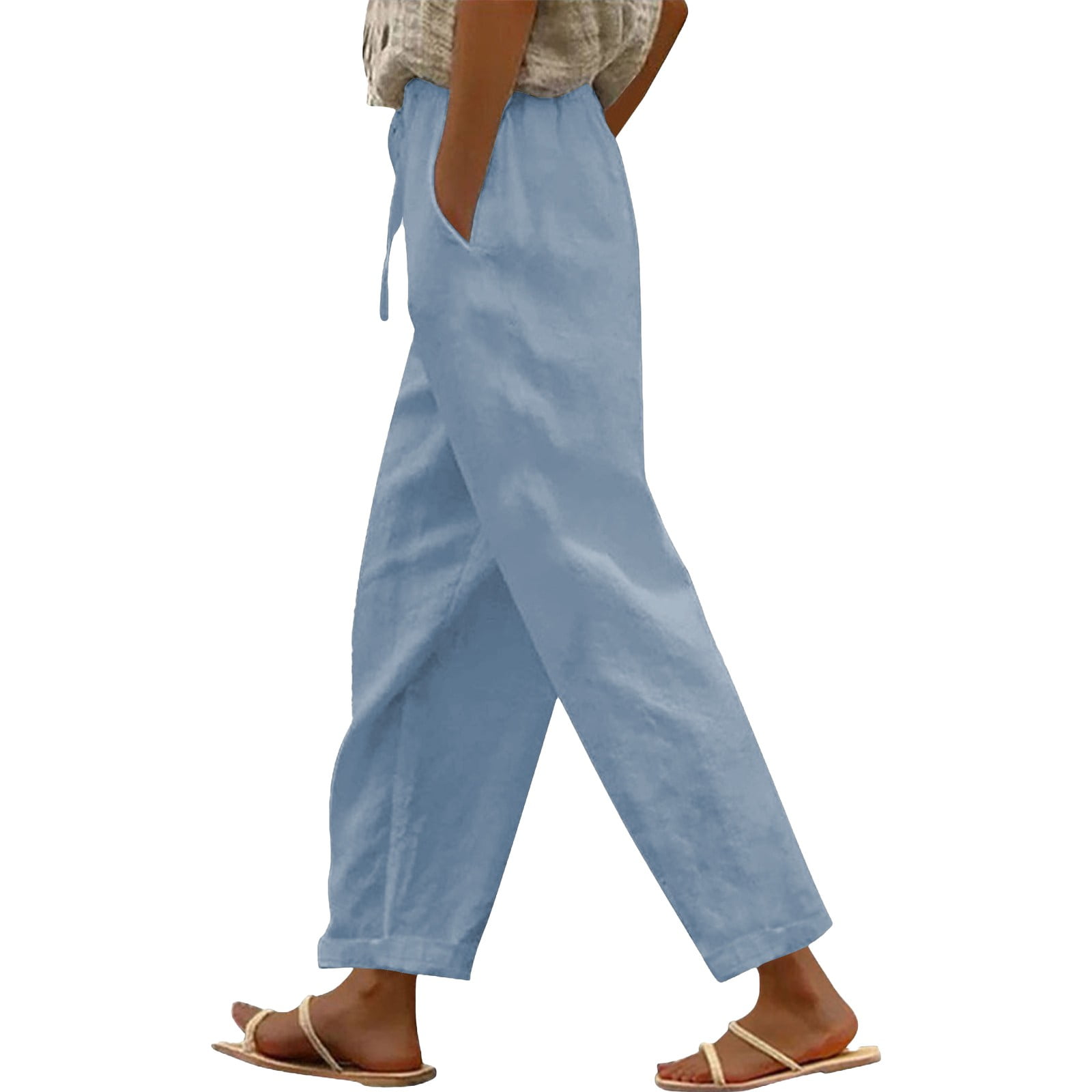 Outfmvch Cotton Linen Pants for Women Capri Baggy Wide Leg Beach Linen ...