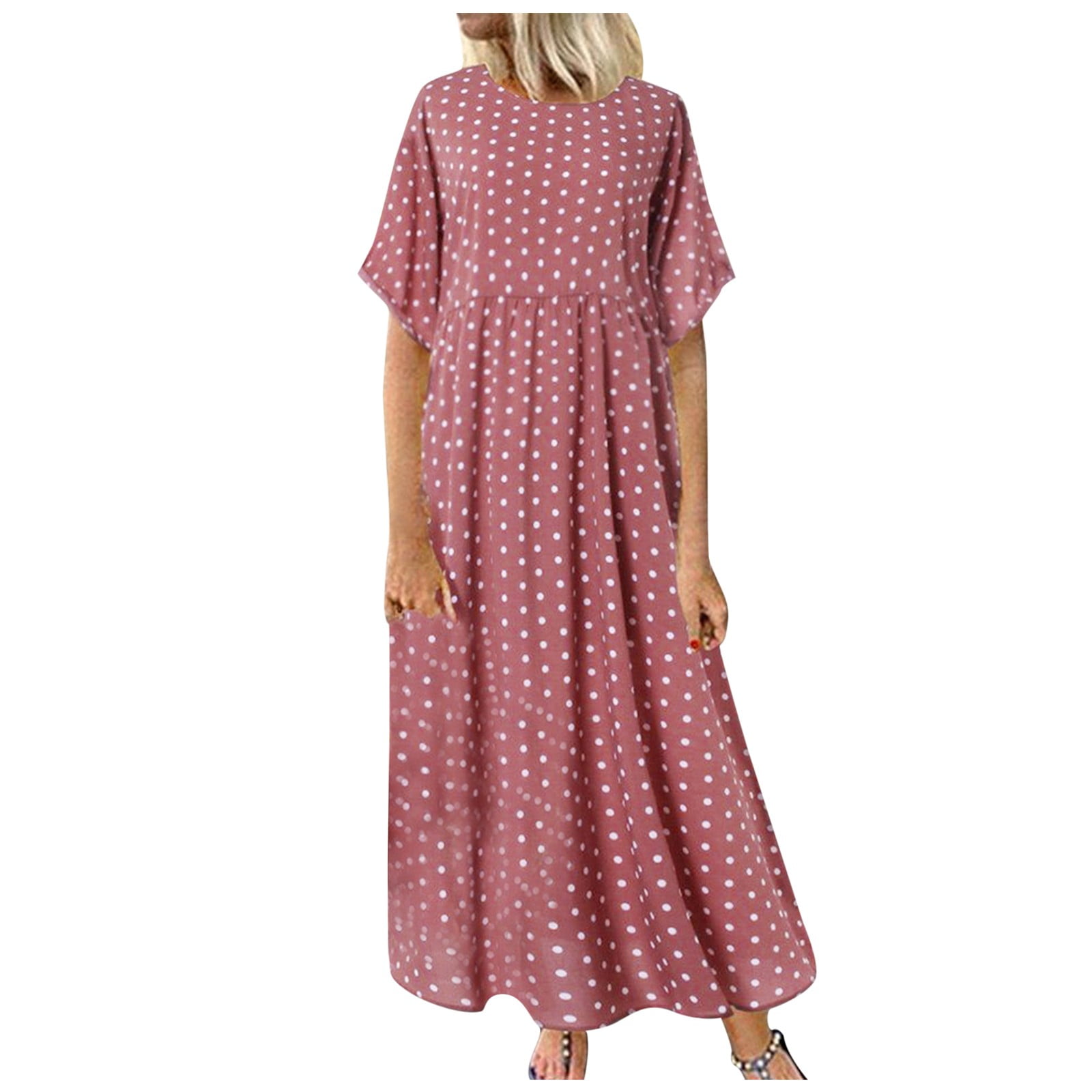 Outfmvch Plus Size Summer Maxi Dress for Women, Short Sleeve Polka Dot ...