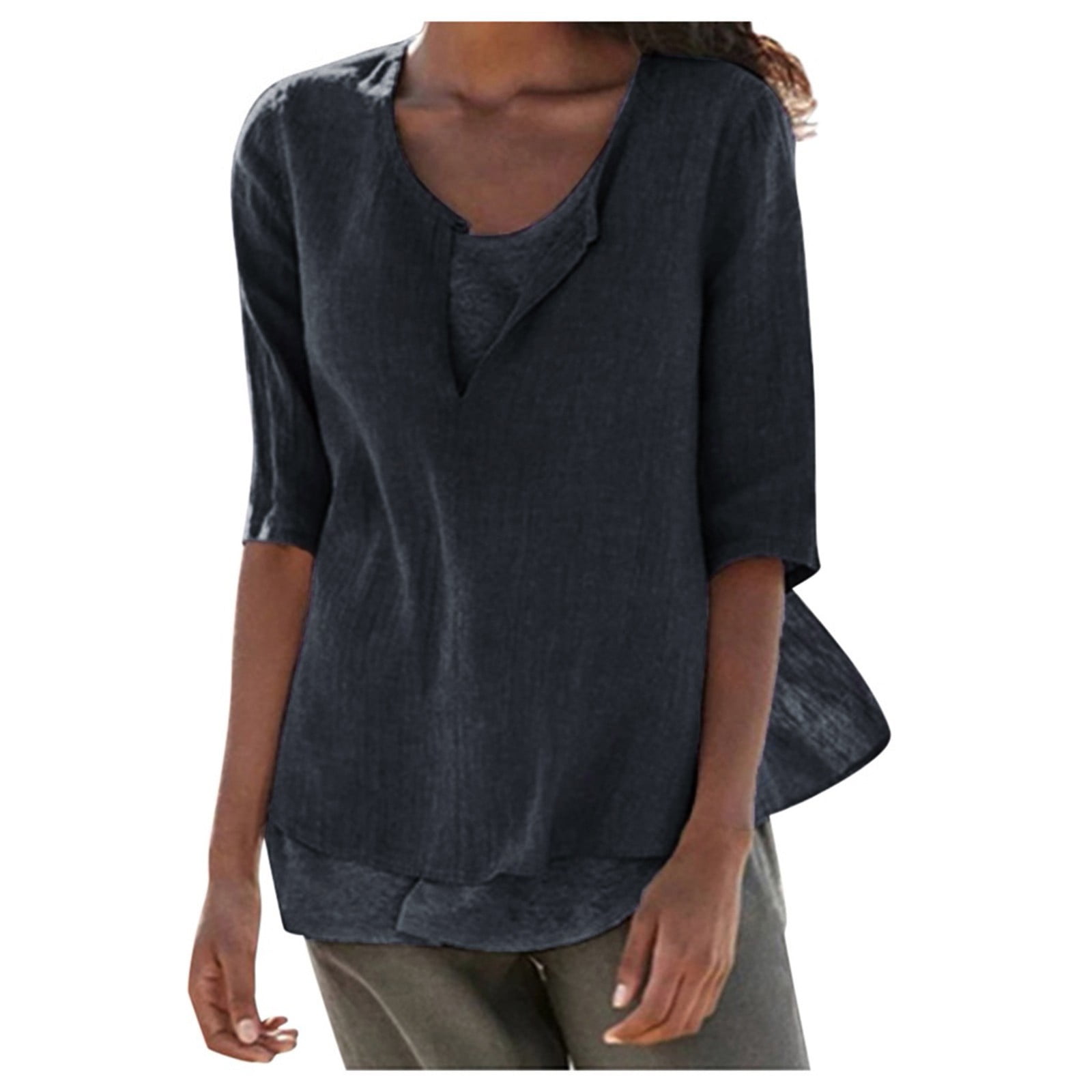 Outfmvch Plus Size Tops T Shirts for Women Loose Linen Button V Neck ...