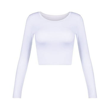 A2Y Women's Basic Solid Stretchable Scoop Neck Long Sleeve Crop Top White XS - Walmart.com