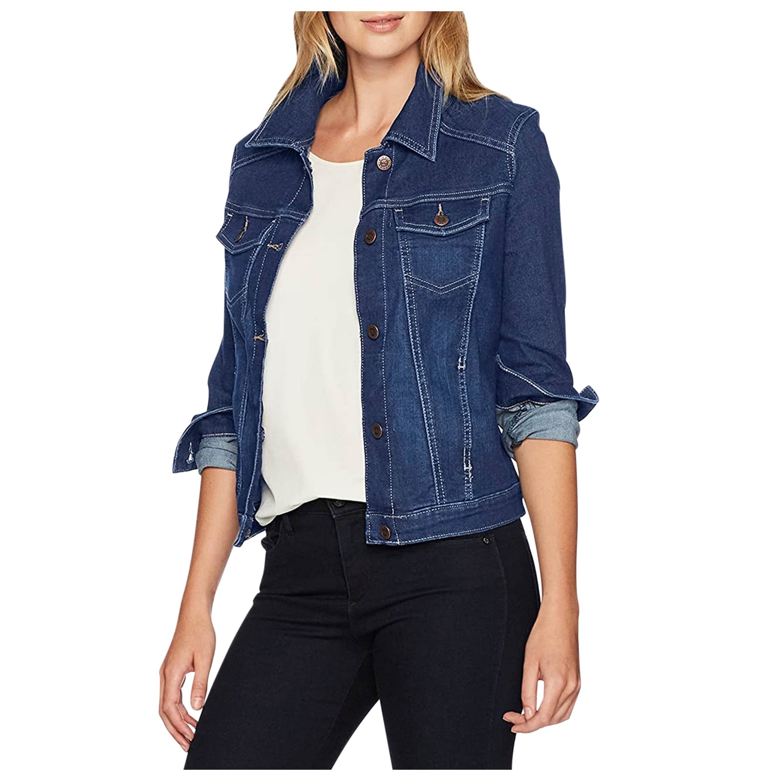 Outfmvch jackets for women Basic Button Down Denim Jean Jacket Long ...