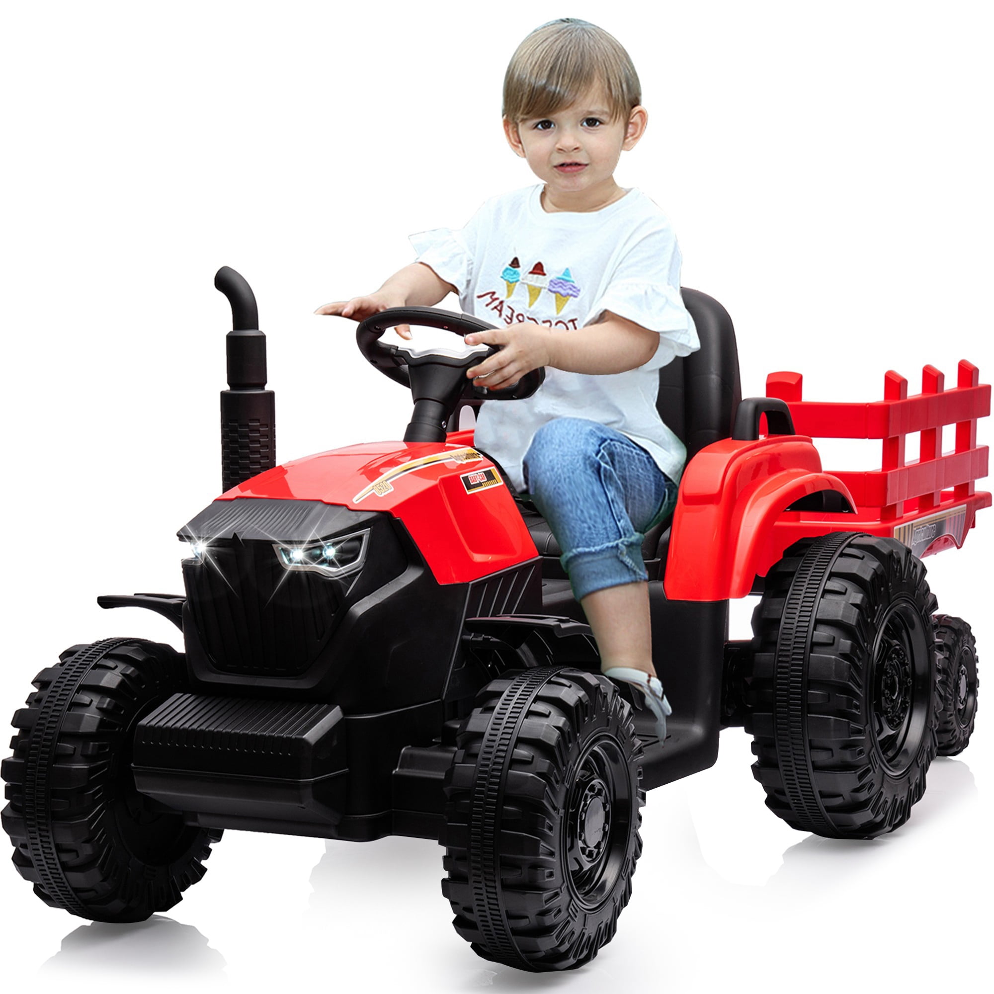 Outfunny 24V Electric Battery Operated Ride-on Toy Tractor with Trailer ...