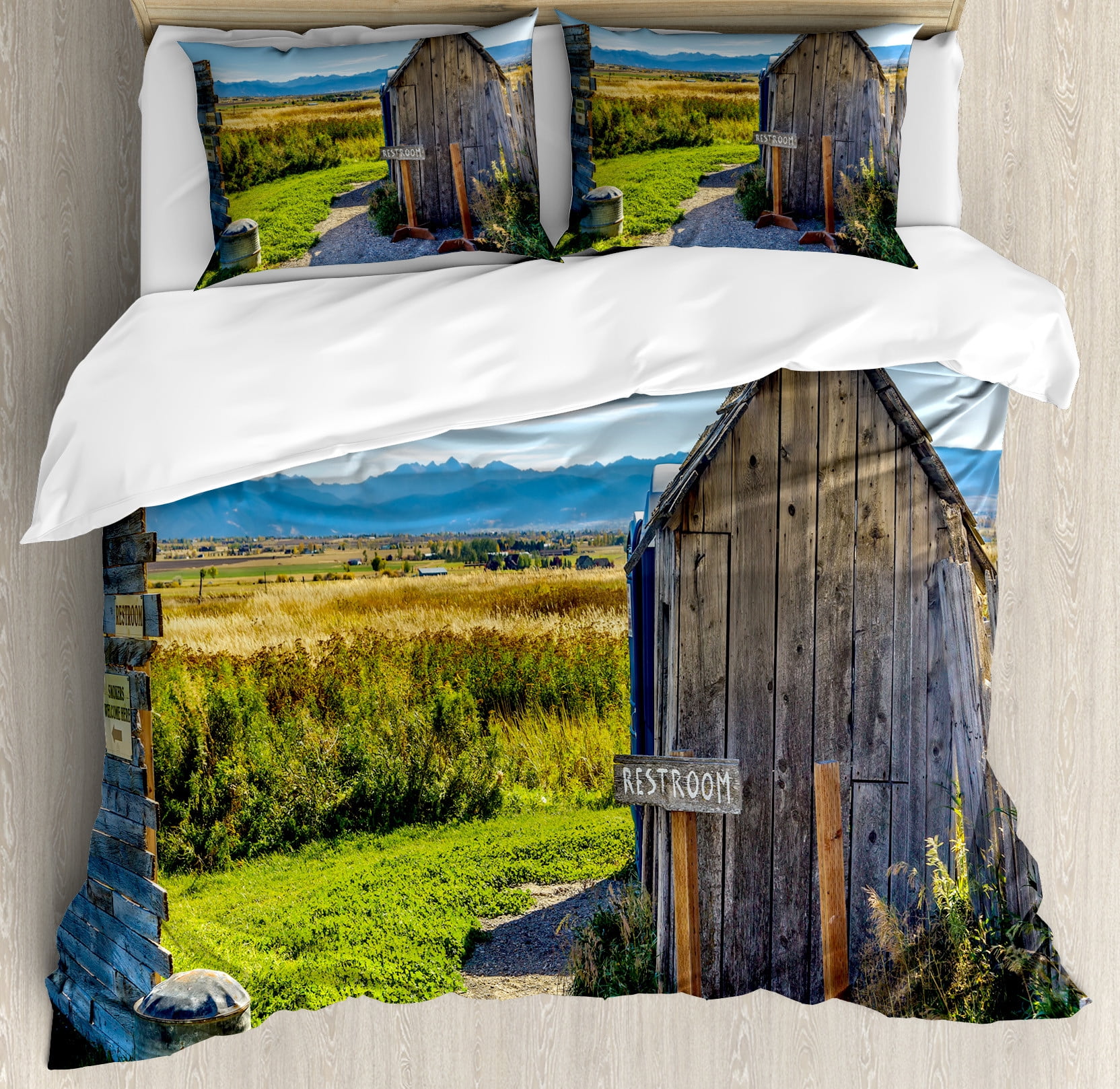 Outhouse Duvet Cover Set, Old Rustic Wooden Cottage Barn Shed in a Farm ...