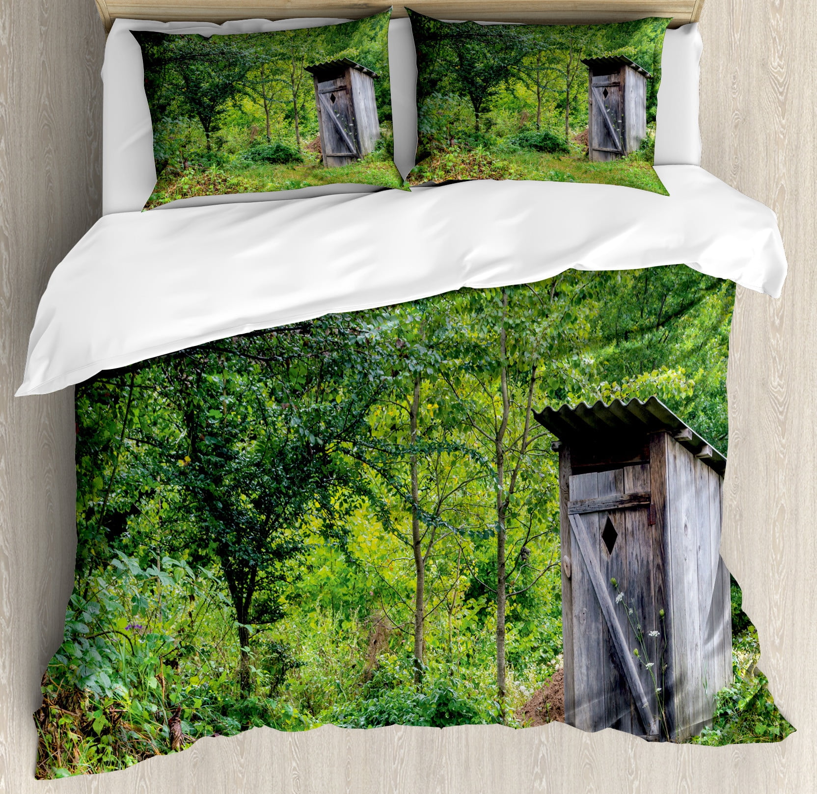 Outhouse Duvet Cover Set, Worn out Cottage Hut in Abandoned Forest ...