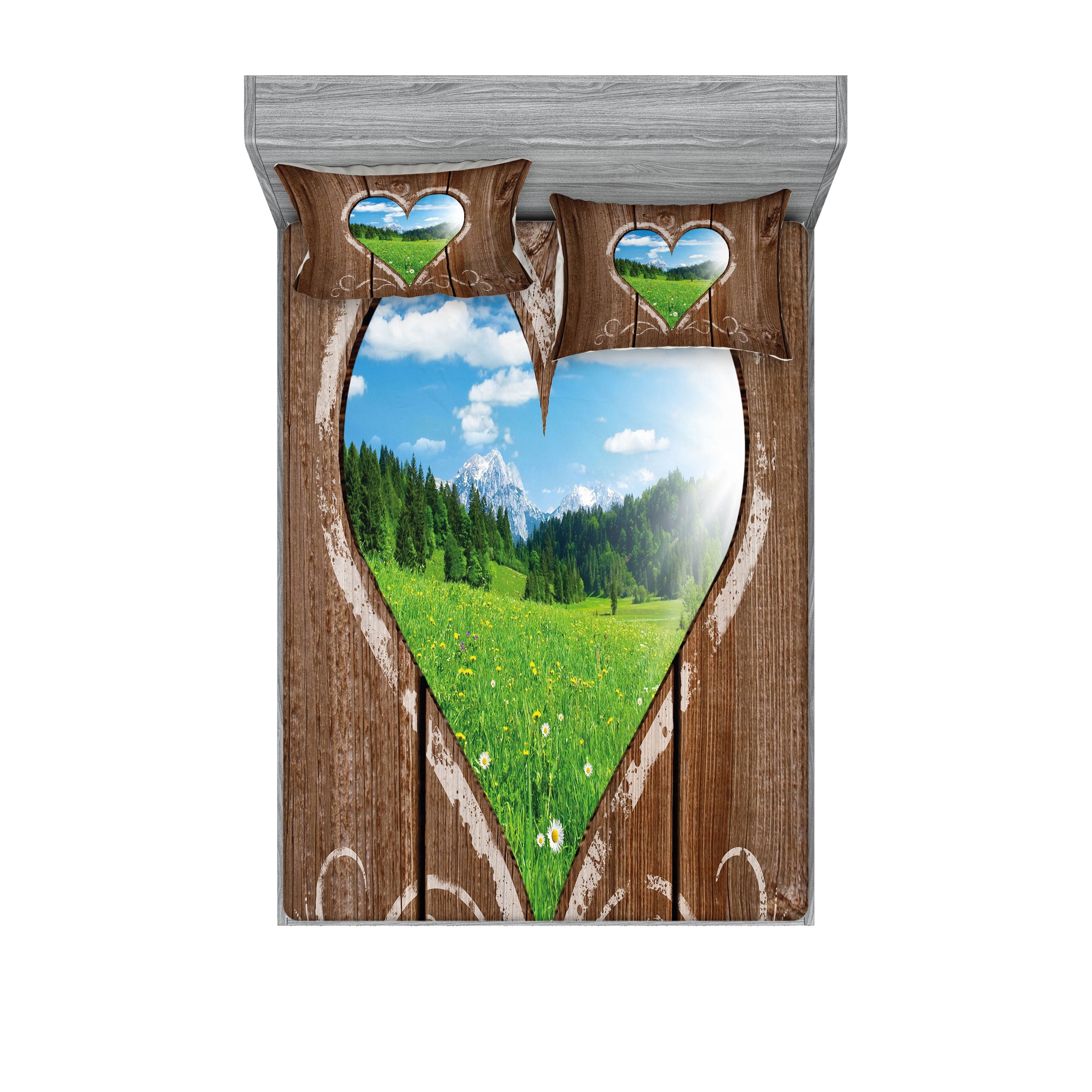 Outhouse Fitted Sheet & Pillow Sham Set, Heart Window View from Wooden ...