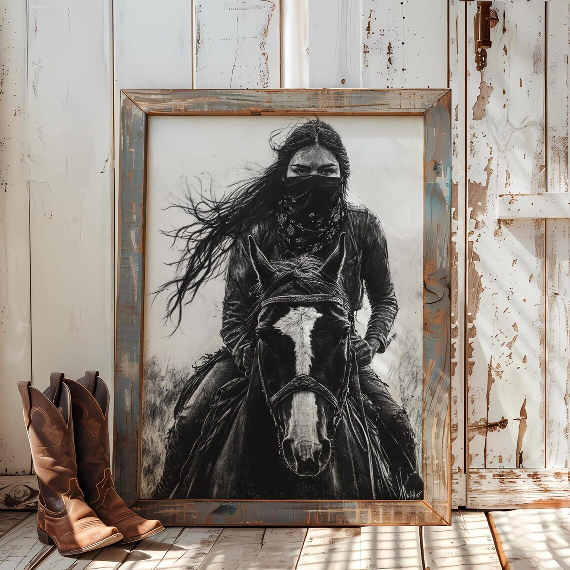 Outlaw Cowgirl On Horseback Sketch Dark Western Wall Art, Black & White ...