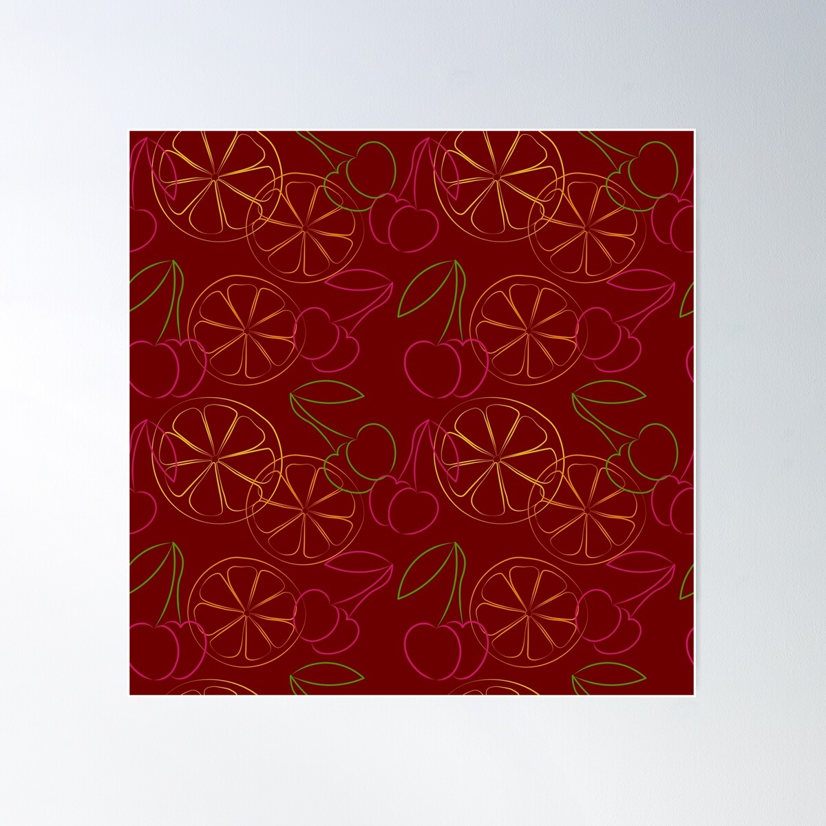 Outline Cherries And Lemon On Red Background Poster Wall Art, Modern ...