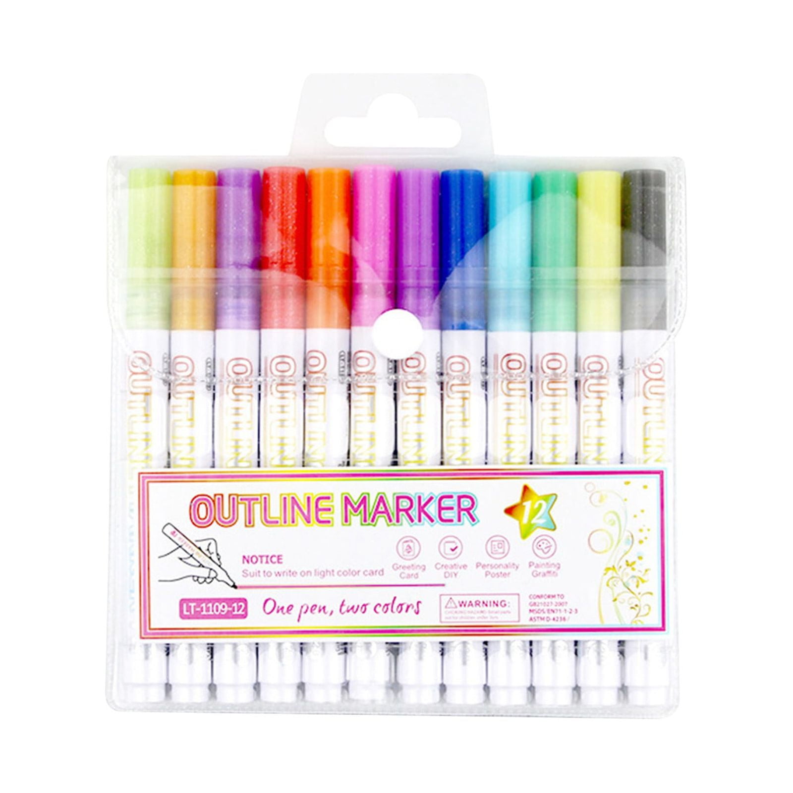 Outline Markers 12 Colors, Shimmer Markers Double Line Outline Markers ...