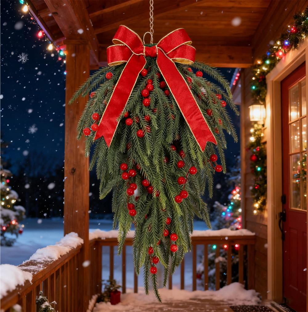Outoloxit Christmas Inverted Tree Hanging Decor with Red Berries and ...