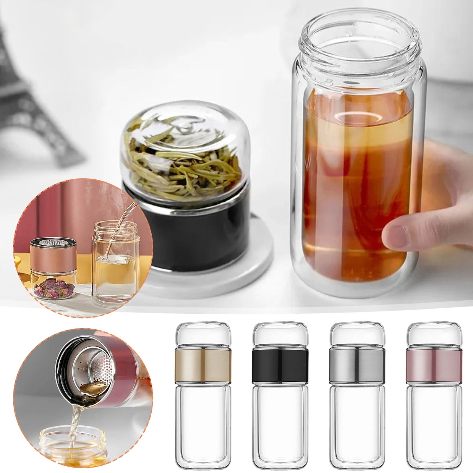 Outoloxit Tea Tumbler with Strainer Double Wall Insulated Glass Tea ...