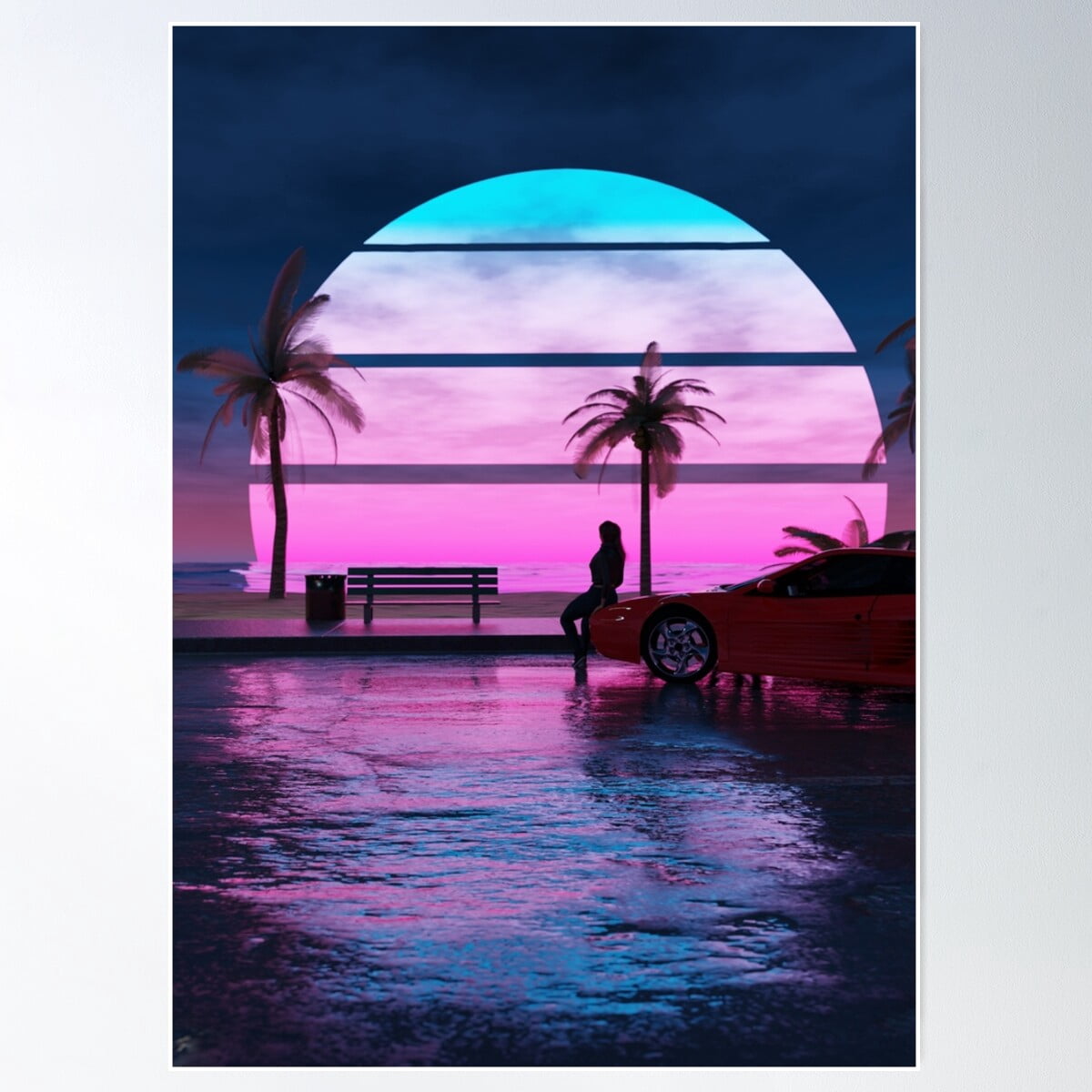 Outrun Beach Sunset Poster Wall Art, Modern Wall Decor For Living Room ...