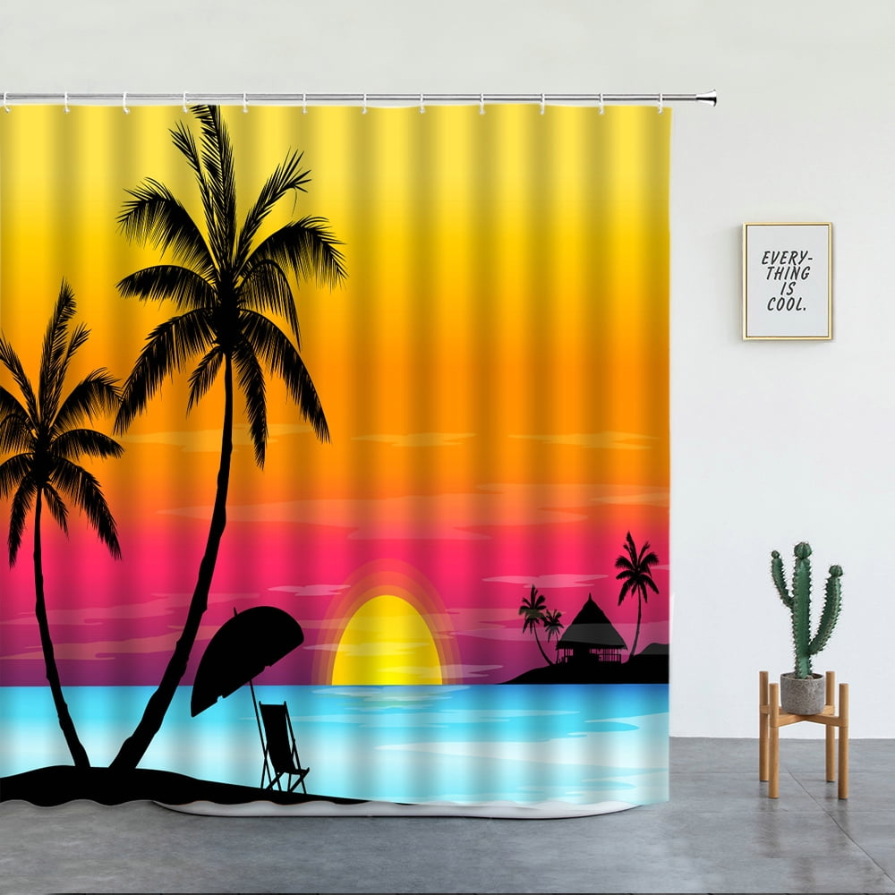 Outside the Window Ocean Beach Scenery Shower Curtains Sea Palm Tree ...