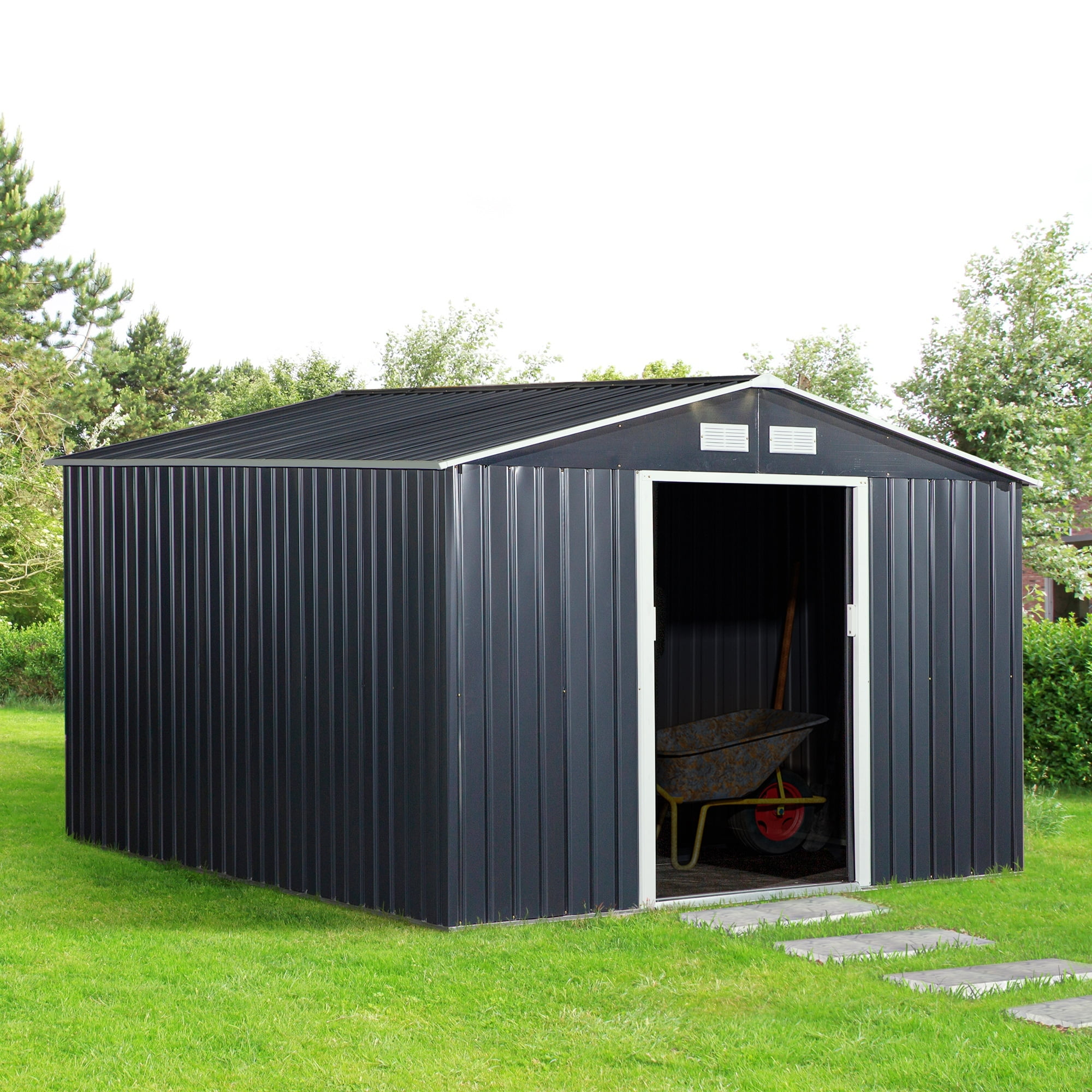 Outsunny Enclosed Backyard Metal Building with Windows, 10.6 ft x 9.1 ...