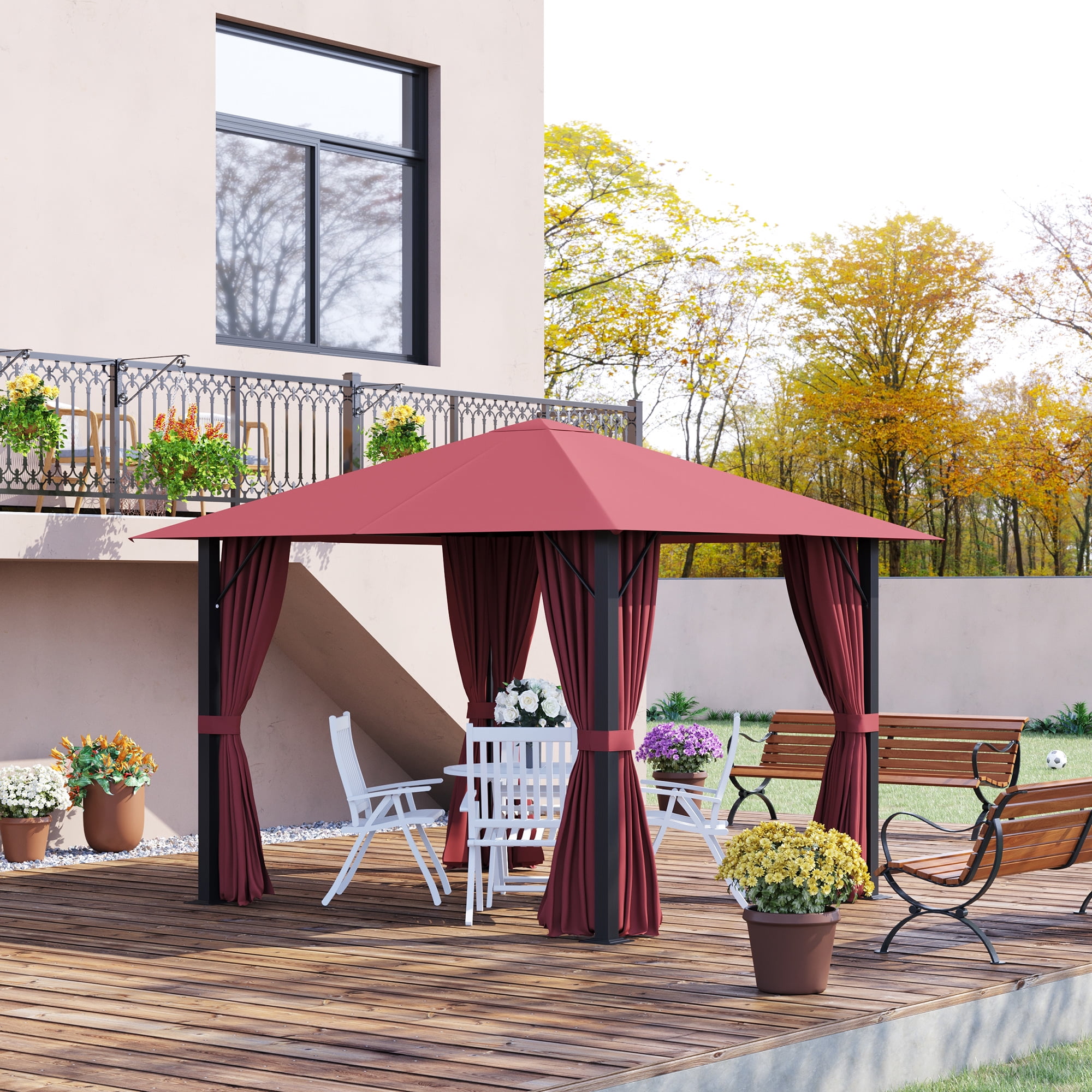 Outsunny 10' x 10' Metal Frame Patio Canopy Gazebo with Sidewalls, UV ...