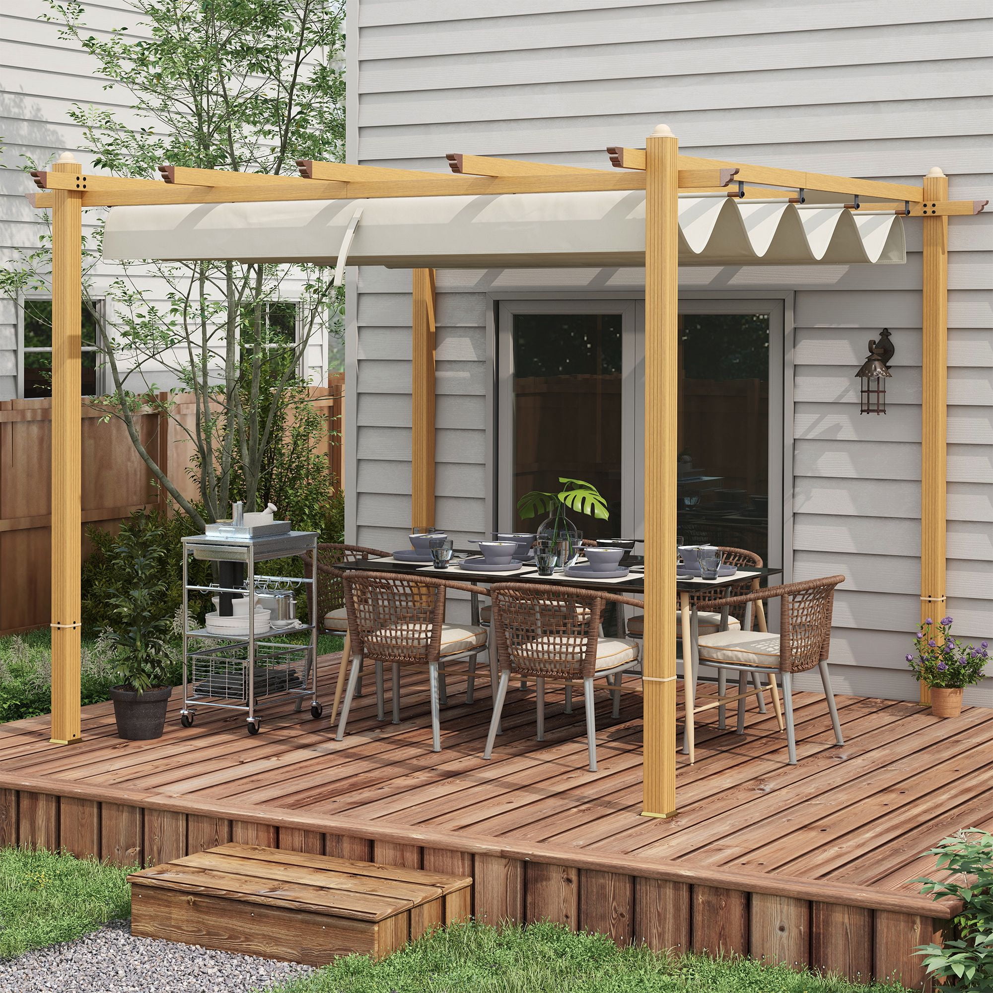 Outsunny 10'x10' Retractable Pergola for Deck, Porch, Patio with Wood ...