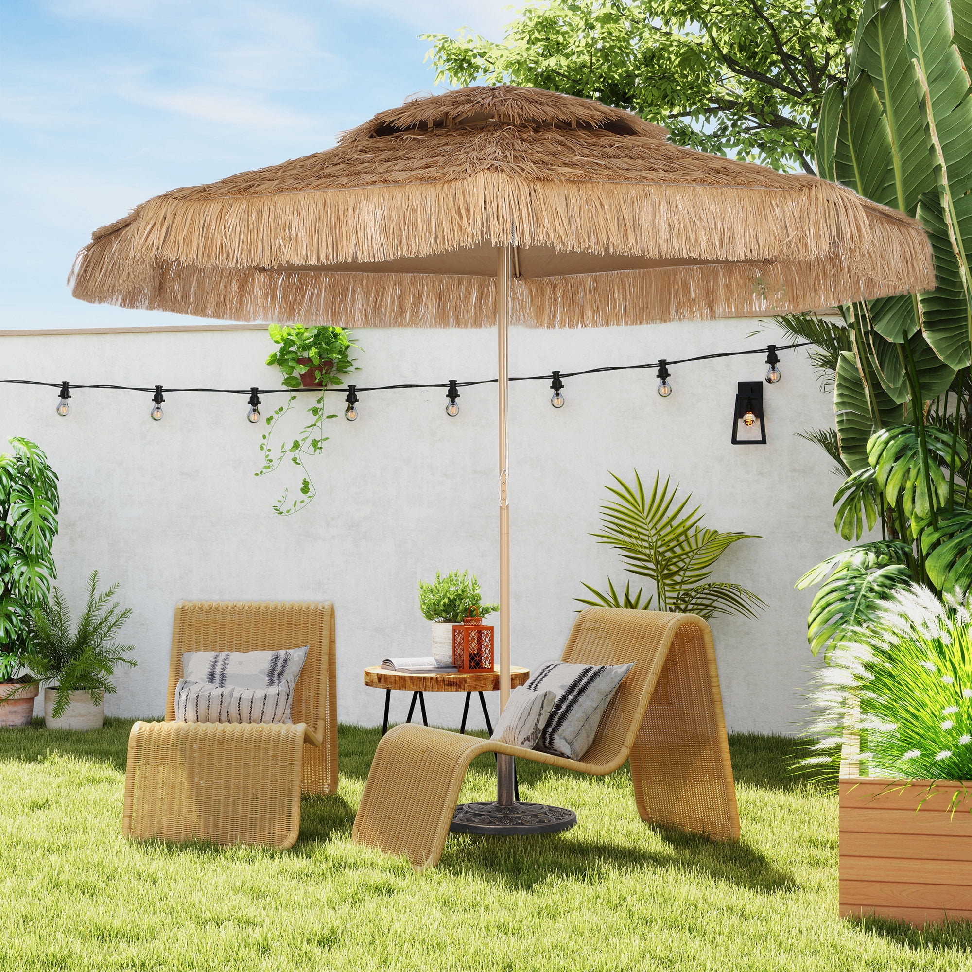 Outsunny 10FT Hula Thatched Tiki Patio Umbrella, Hawaiian Style Outdoor ...