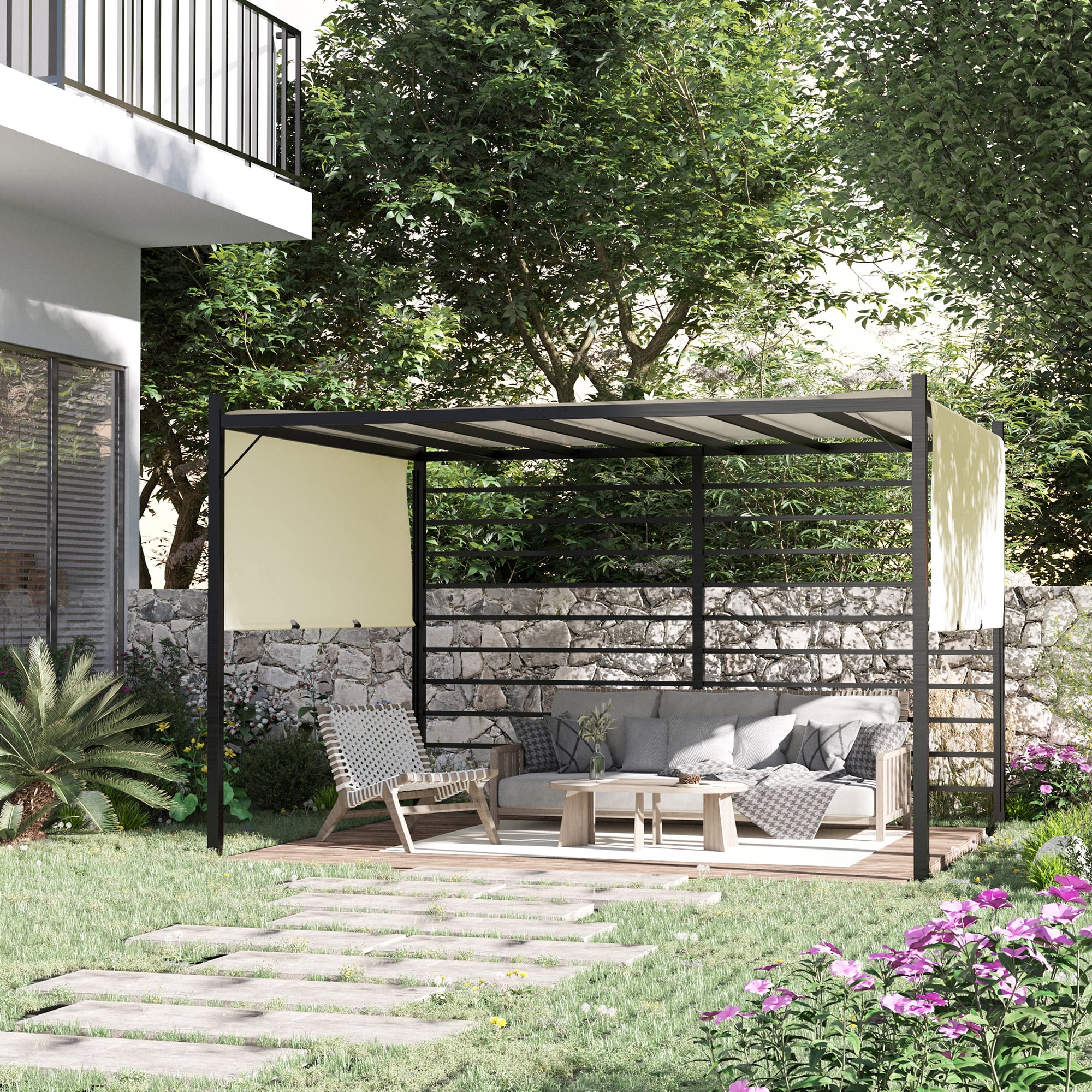 Outsunny 10' x 12' Steel Frame Retractable Pergola, Patio Gazebo Canopy ...
