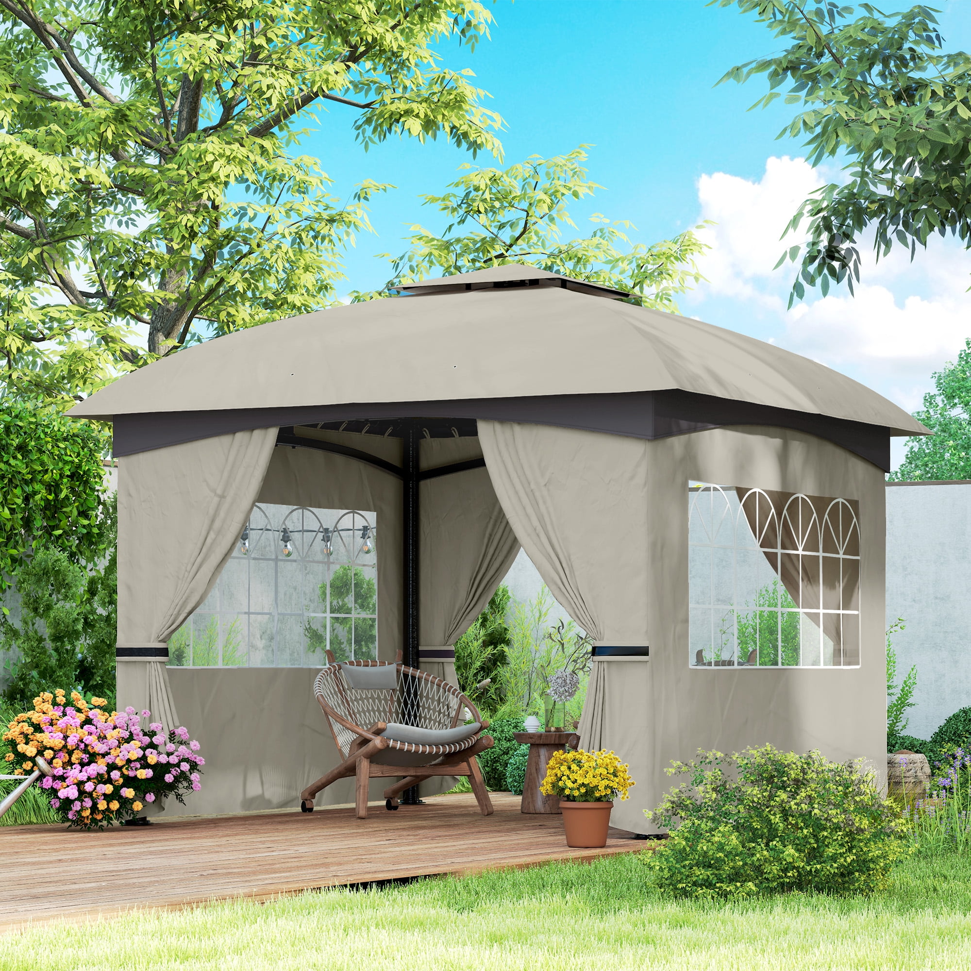 Outsunny 11' x 11' Outdoor Patio Gazebo with Curtains, Church Windows ...